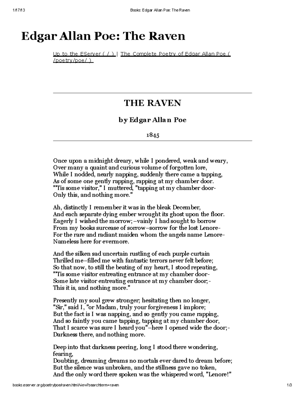 7 The Raven by Edgar Allen Poe - 1/17/13 Books: Edgar Allan Poe: The ...