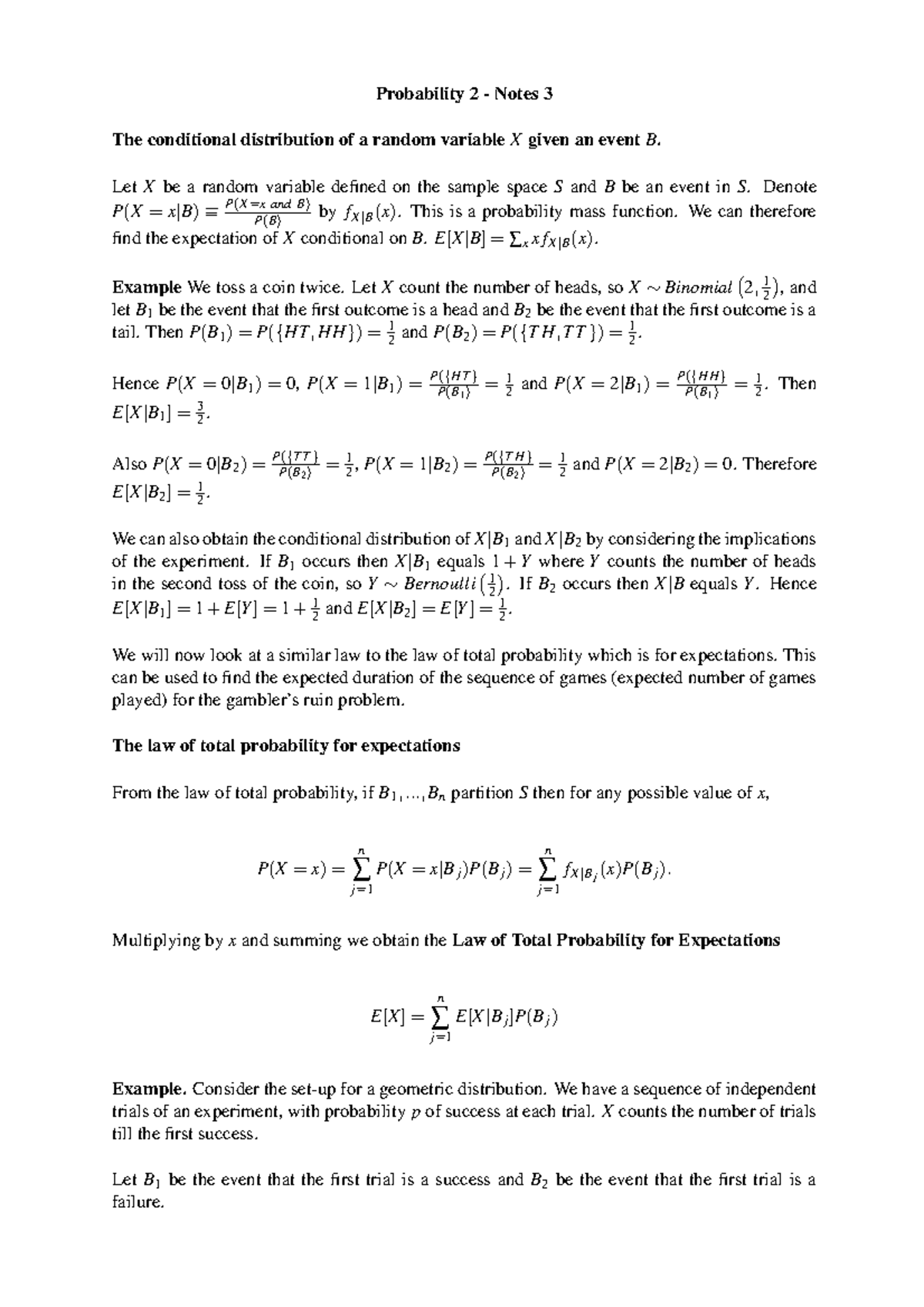 Notes 3 - The conditional distribution of a random variable X given an ...