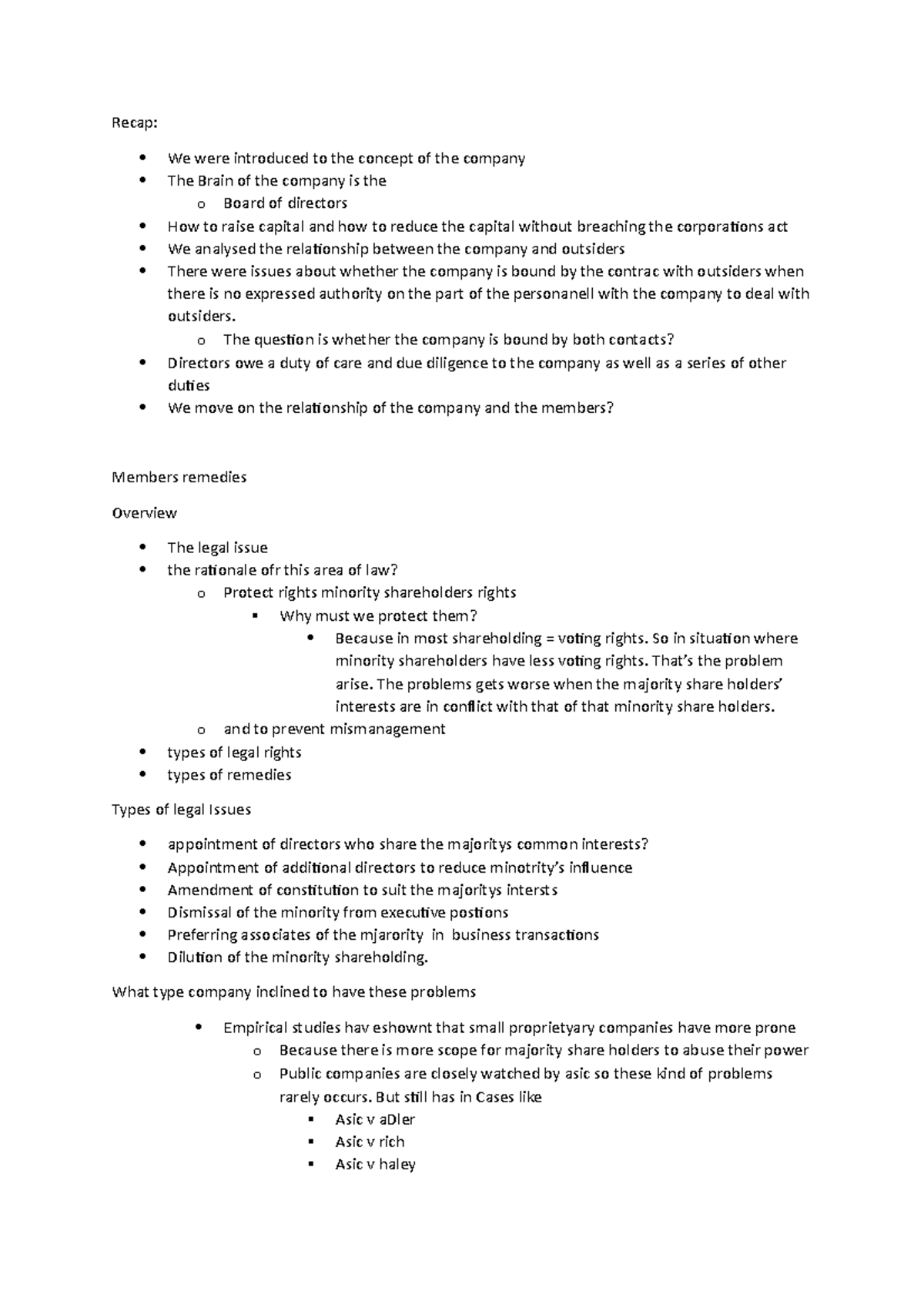 Members remedies - Lecture notes 10 - Recap: We were introduced to the ...