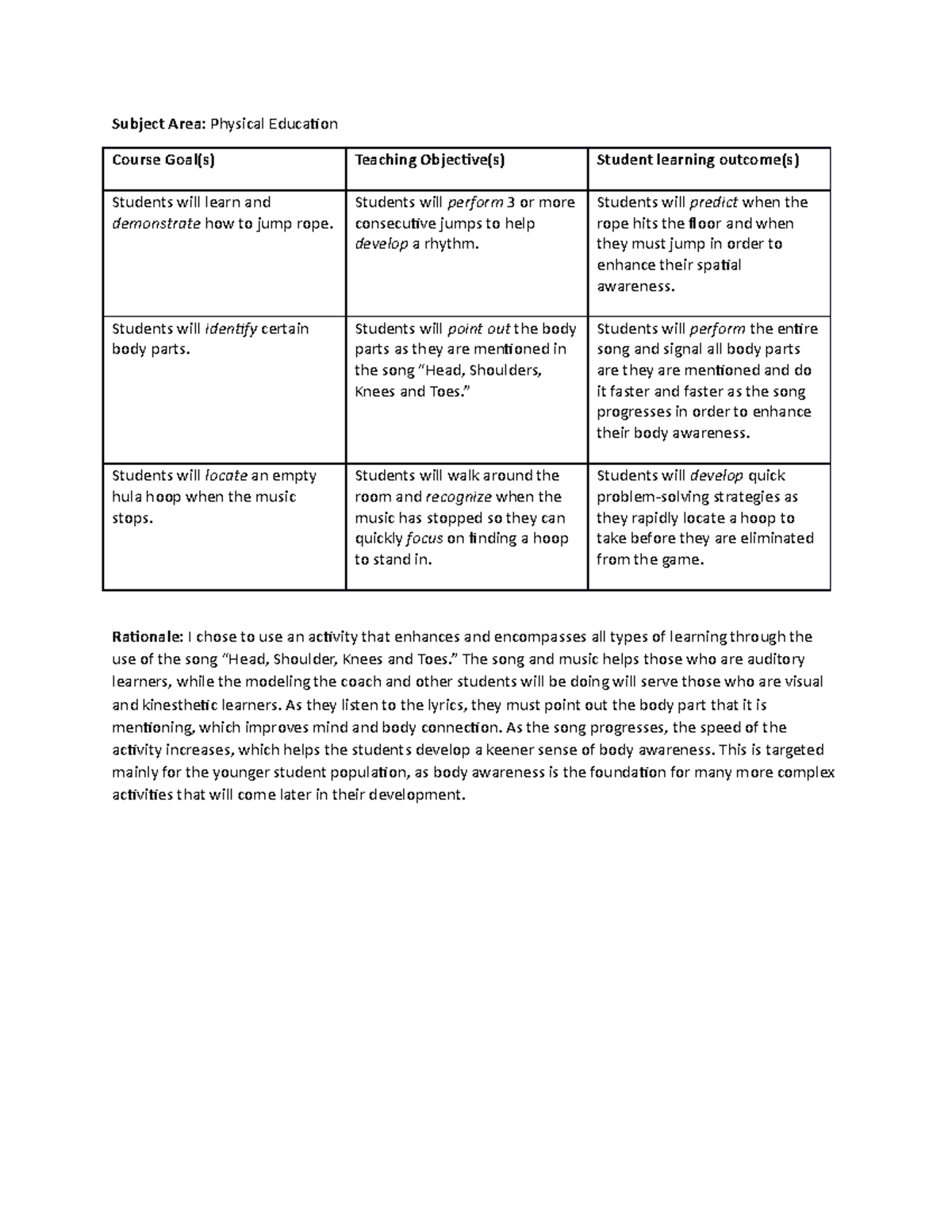 Mini Lesson Goals - Subject Area: Physical Education Course Goal(s ...
