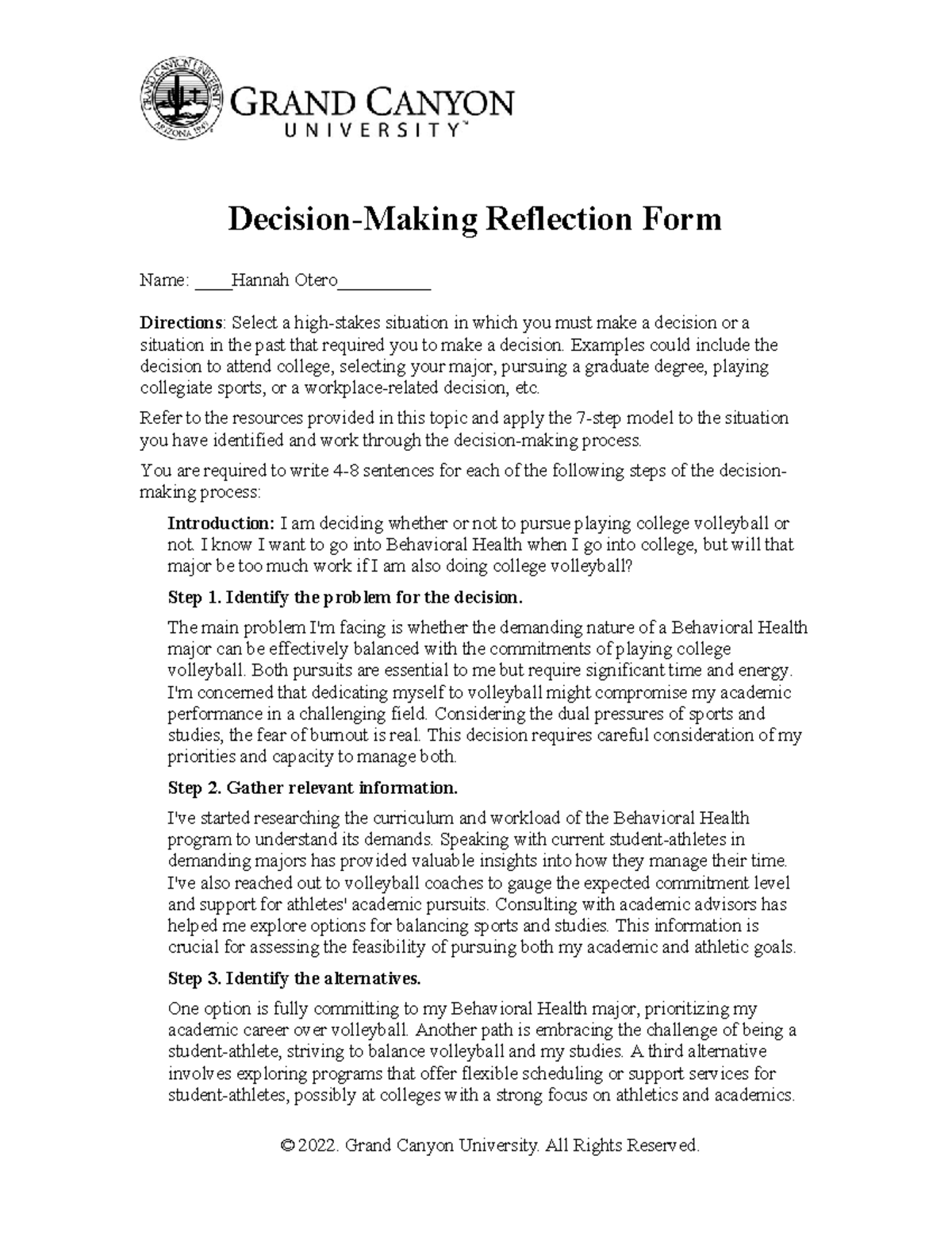 Decision Making Reflection Form - Decision-Making Reflection Form Name ...