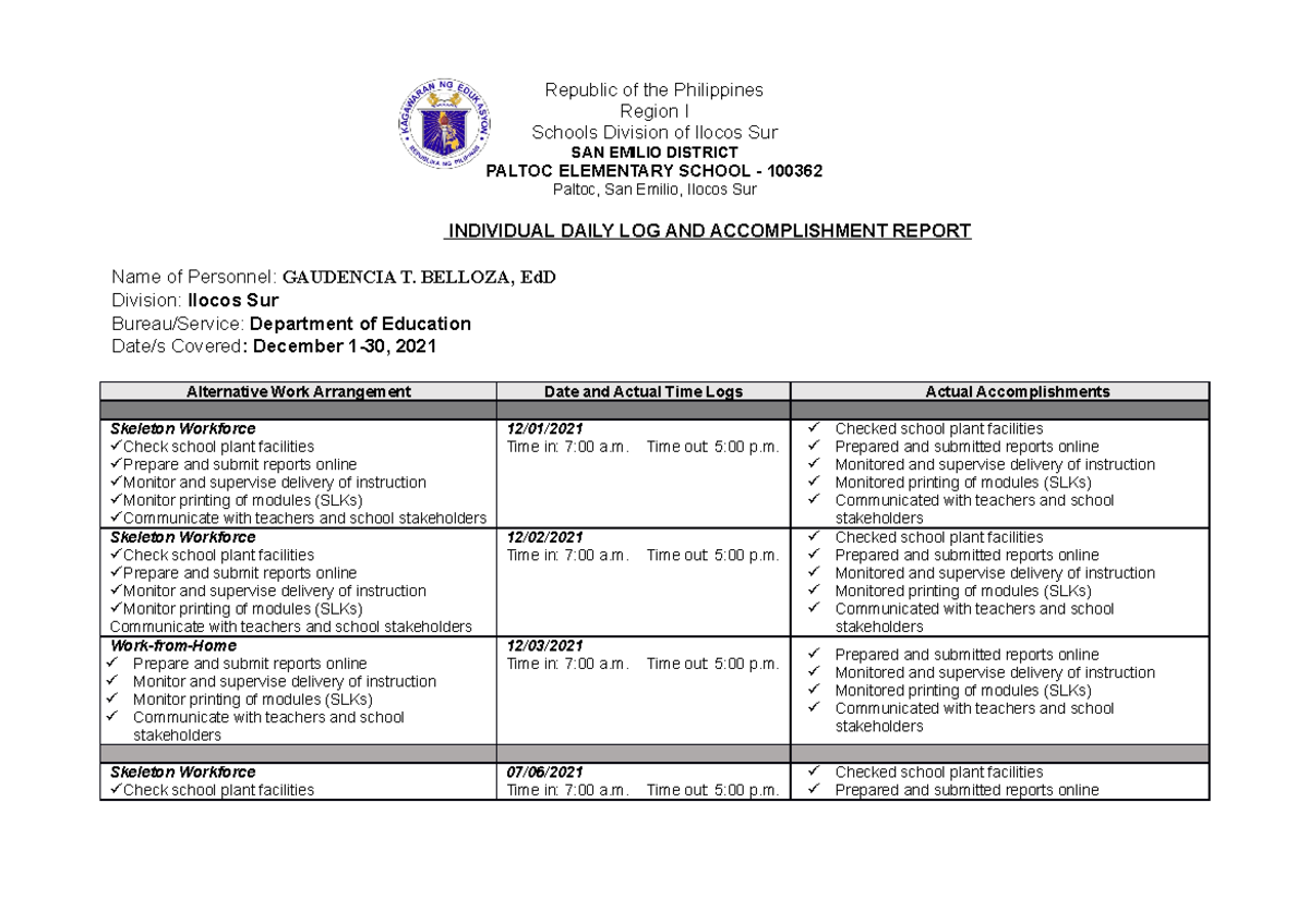 Dec IAR - sample individual accomplishment report - Republic of the ...