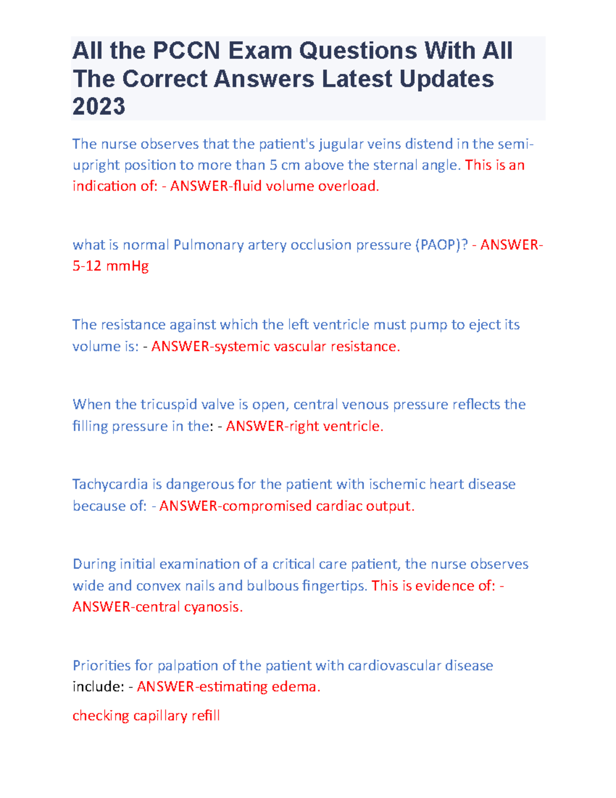 All the PCCN Exam - Summary Nursing - The Correct Answers Latest ...