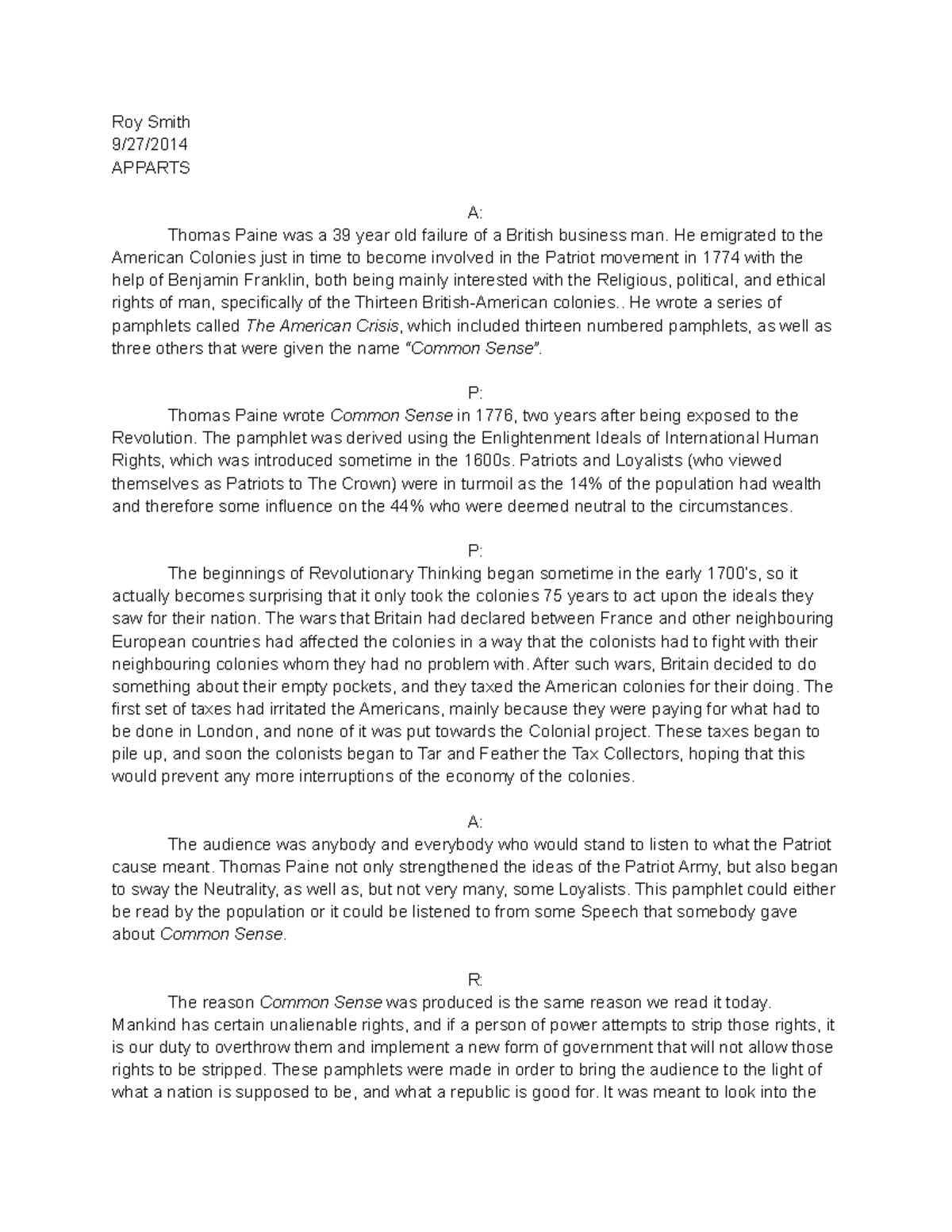 Apparts 9 29 - See title - Roy Smith 9/27/ APPARTS A: Thomas Paine was ...