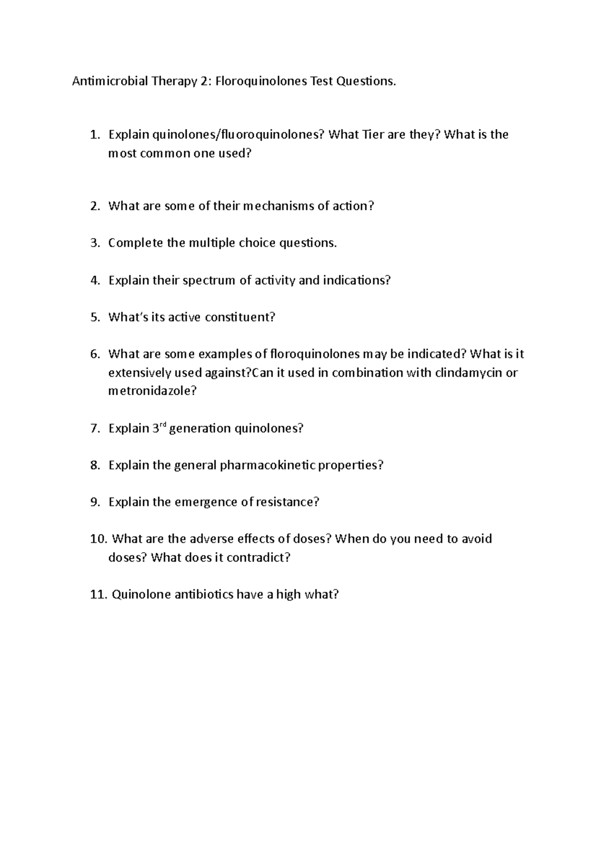 Antimicrobial Therapy 2 Floroquinolones Test Questions - Antimicrobial ...