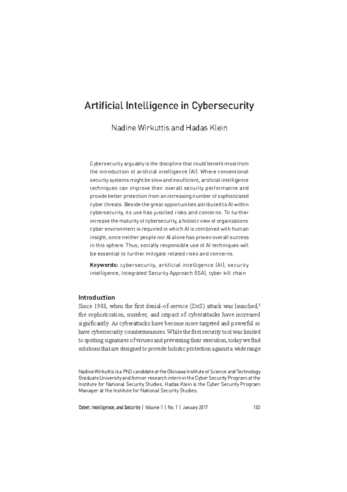Artificial Intelligence In Cybersecurity Cyber Intelligence And Security Volume 1 No 1