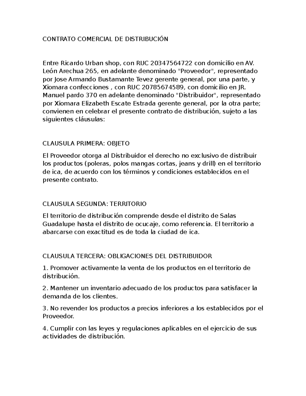 Contrato comercial - CONTRATO COMERCIAL DE DISTRIBUCIÓN Entre Ricardo Urban shop, con RUC - Studocu