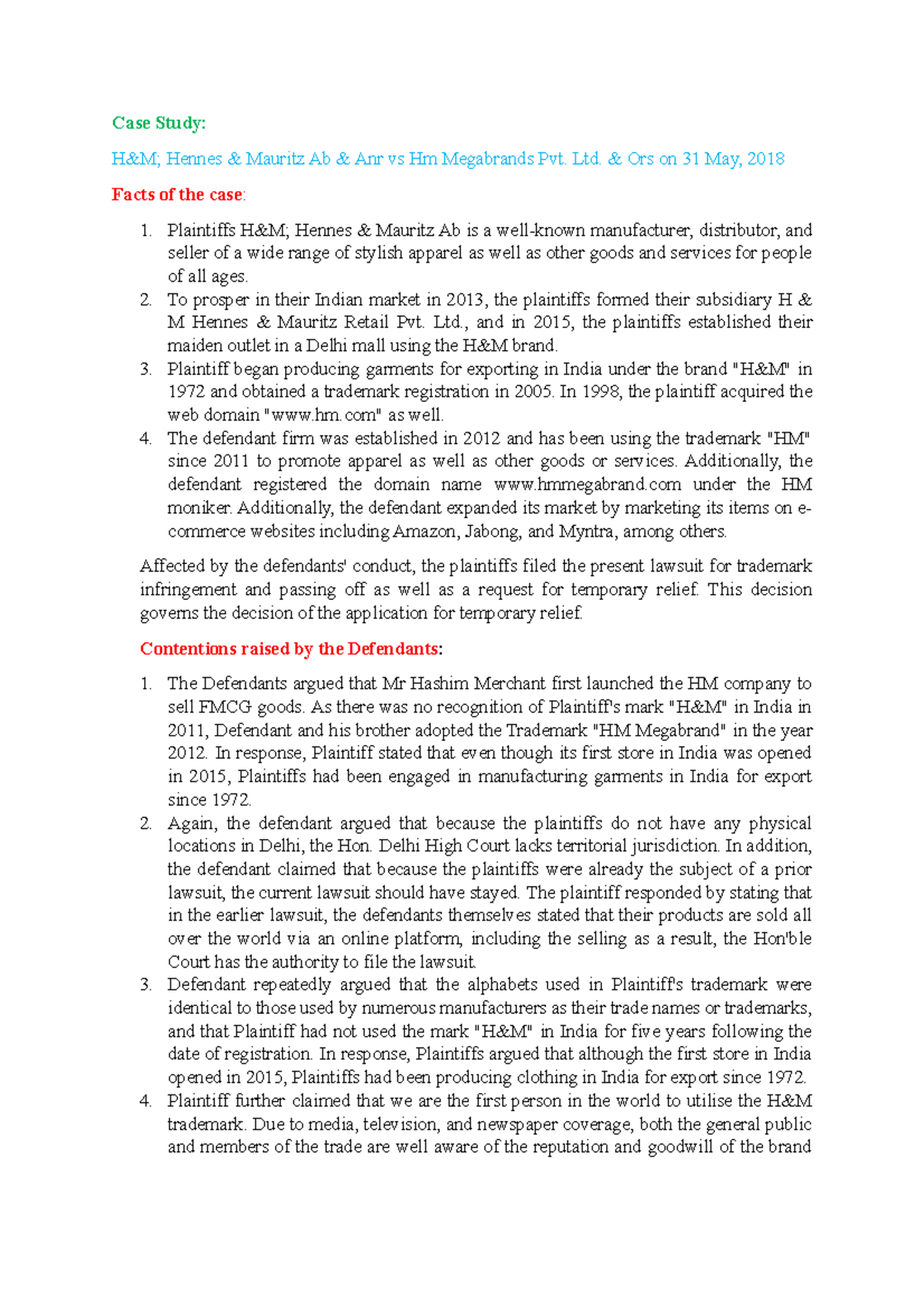 Case Study IPR HM - Importany ipr case in passing off trademark - Case ...