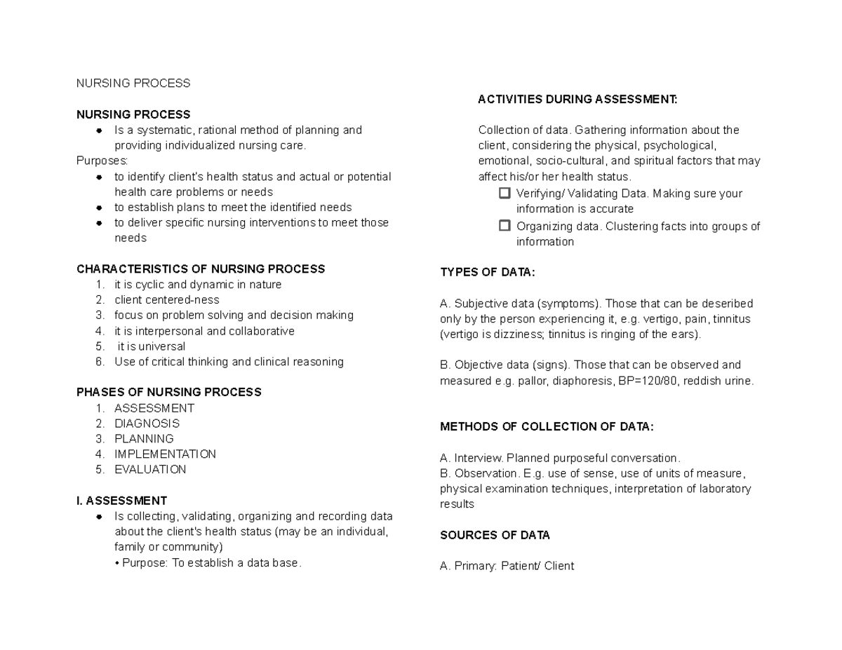Nursing Process (LEC) - NURSING PROCESS NURSING PROCESS Is a systematic ...
