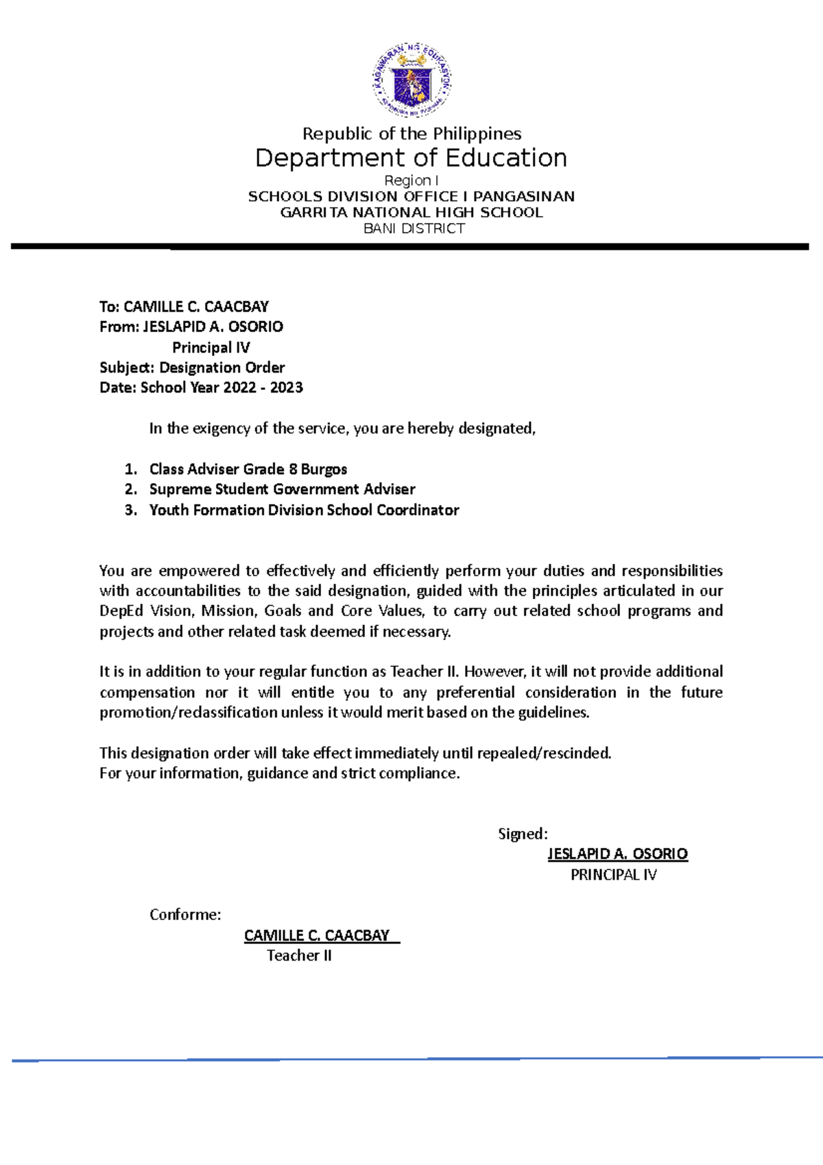 Designation- Letter - aaaa - Republic of the Philippines Department of ...