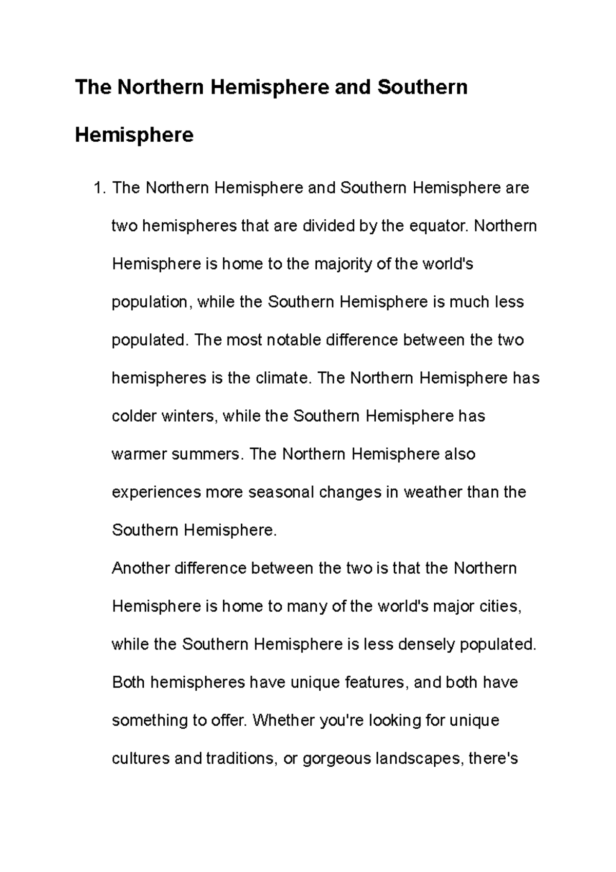 The Northern Hemisphere and Southern Hemisphere - The Northern ...