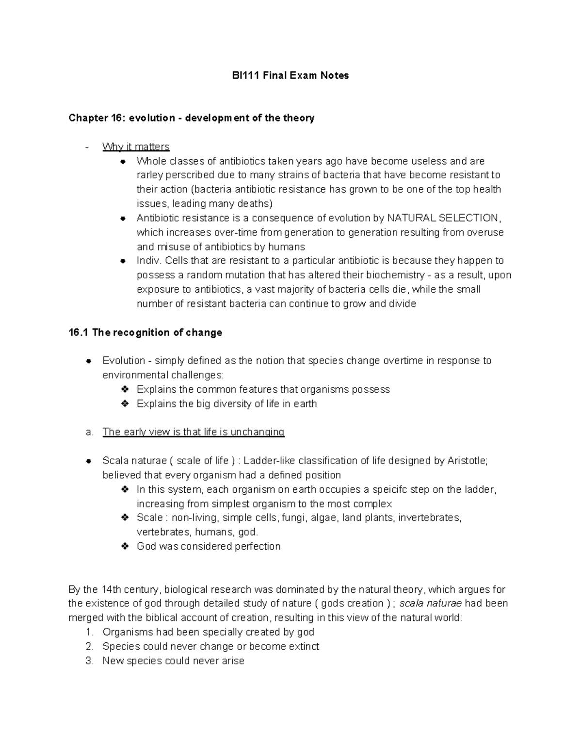 BI111 Final Exam Notes - BI111 Final Exam Notes Chapter 16: evolution ...