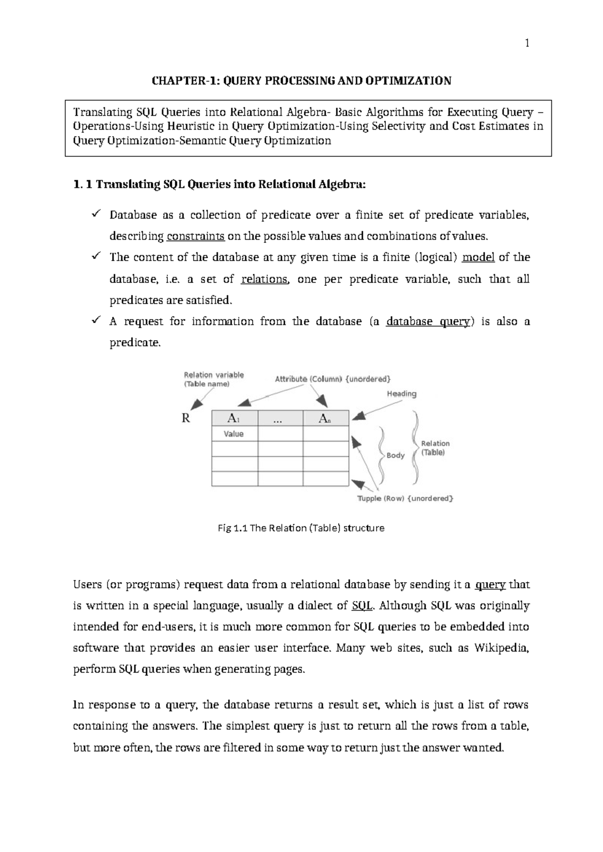 Chapter 1-ADB - hello - CHAPTER-1: QUERY PROCESSING AND OPTIMIZATION 1. 1 Translating SQL ...