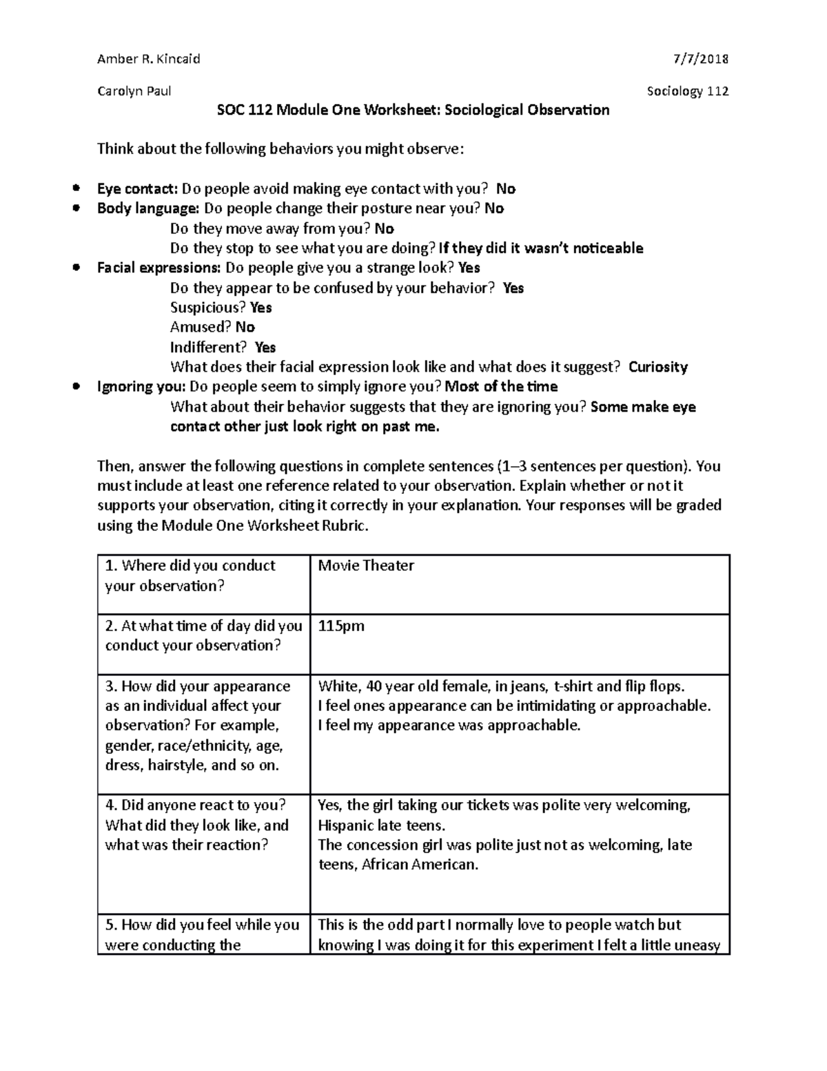 Soc-112 worksheet 1-2 - Amber R. Kincaid 7/7/ Carolyn Paul Sociology ...