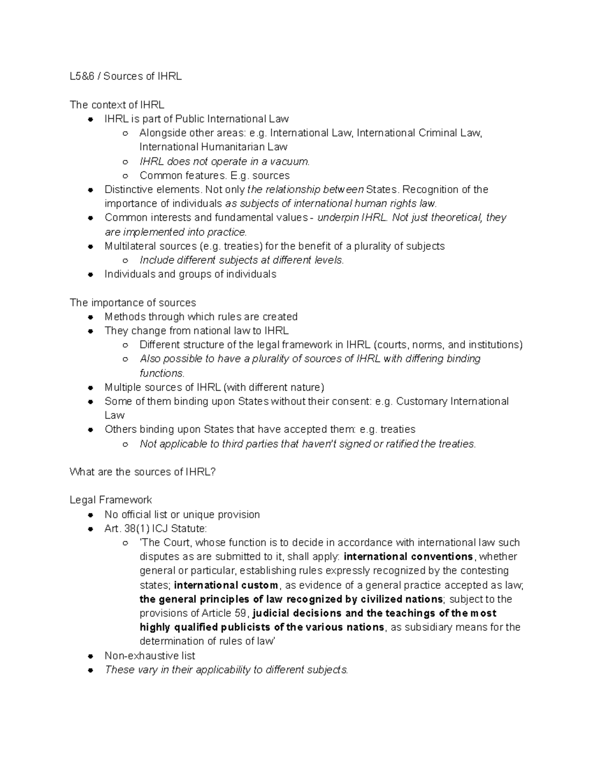 L5&6 Sources of IHRL - Lecture notes 5-6 - L5&6 / Sources of IHRL The ...