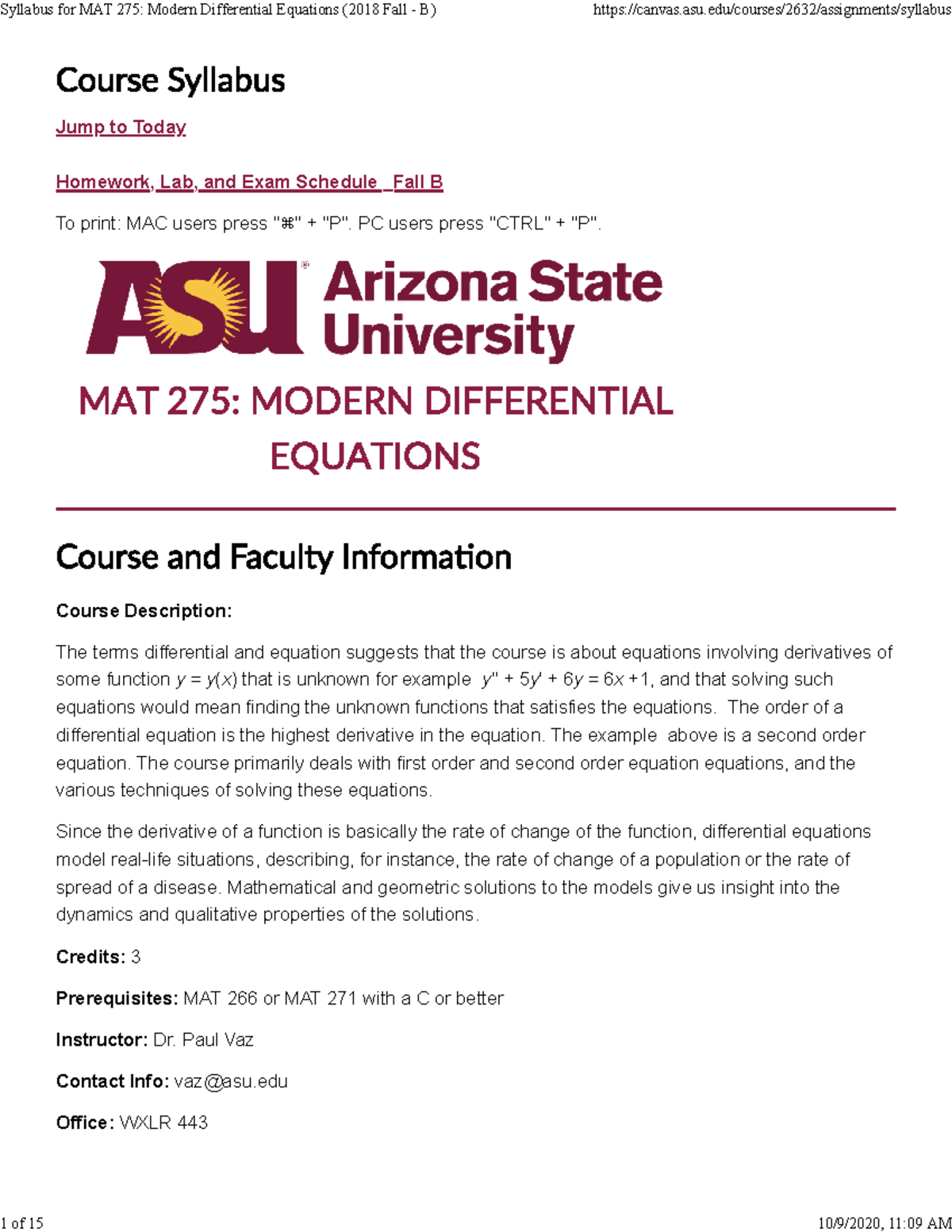 Syllabus for MAT 275 Modern Differential Equations (2018 Fall - B ...