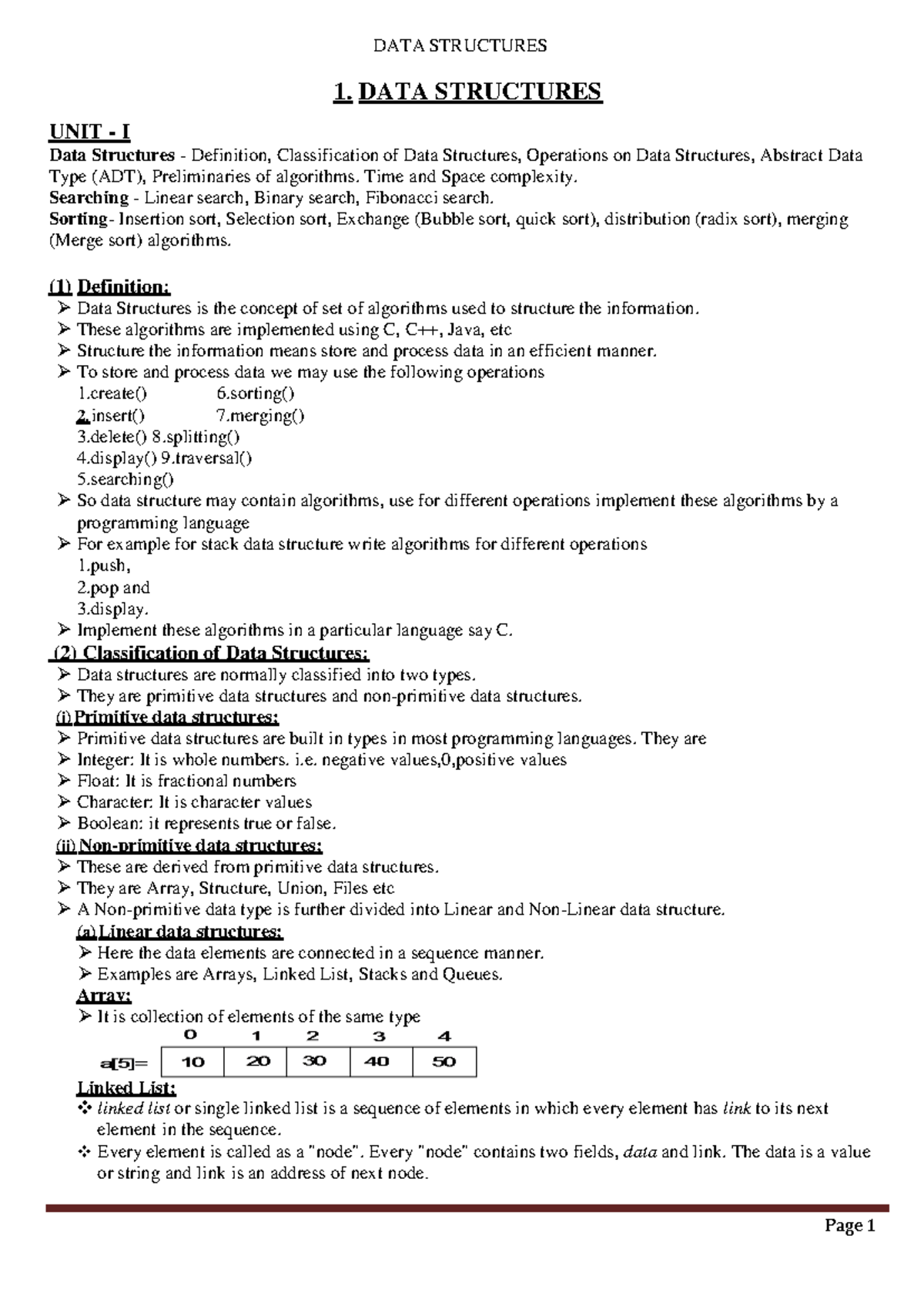 File 2 - It’s good - UNIT - I 1. DATA STRUCTURES Data Structures - Definition, Classification of ...