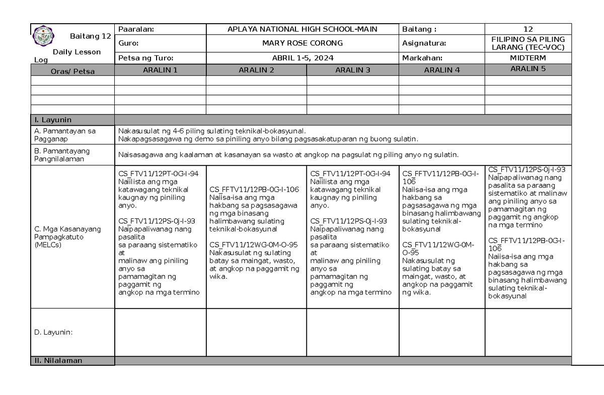 DLL IDEA Filipino TECH-VOC-Copy - Baitang 1 2 Daily Lesson Log Paaralan: APLAYA NATIONAL HIGH ...