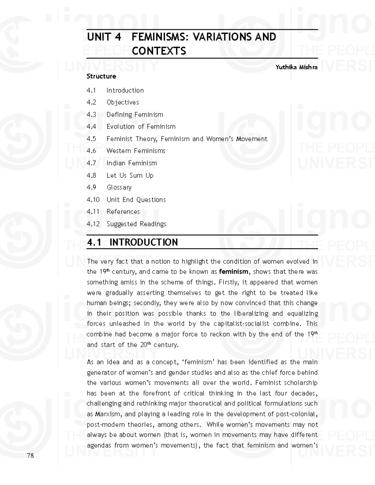 Unit-4 - Feminism 9 - History of Movements UNIT 4 FEMINISMS: VARIATIONS ...