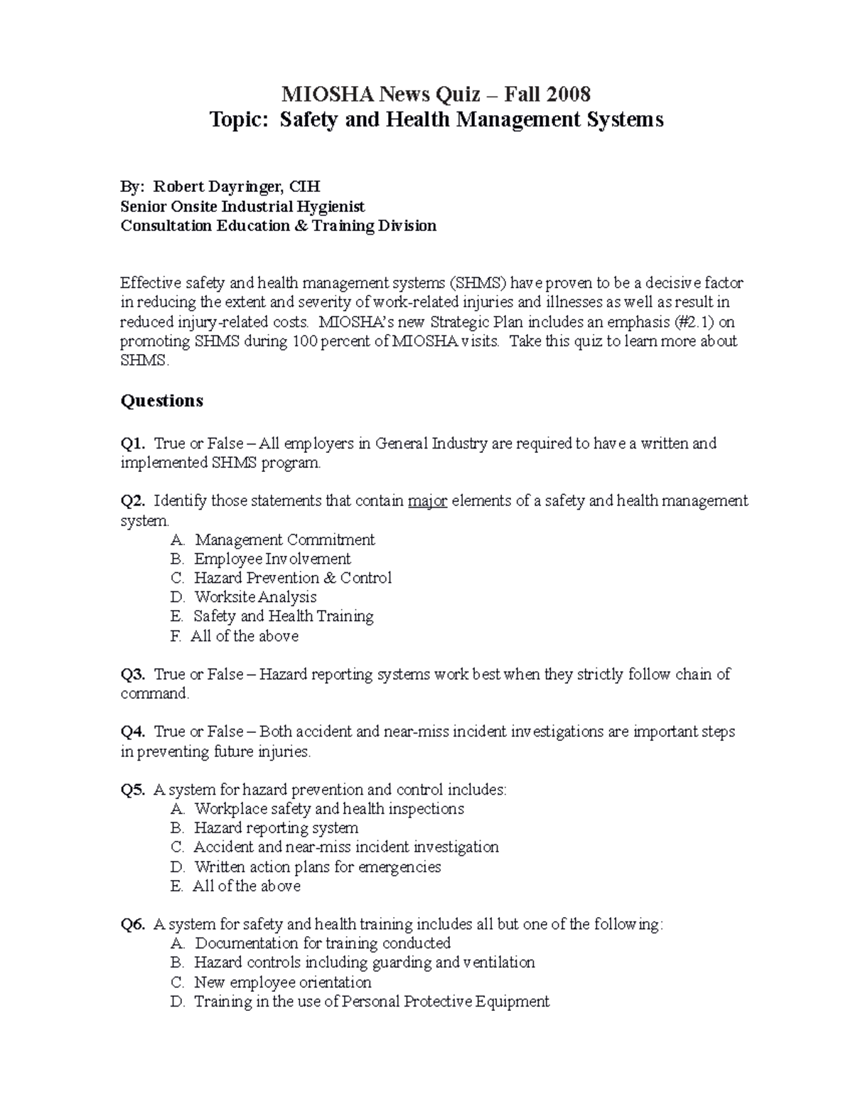 Occupational Health Hazard Review test - MIOSHA News Quiz – Fall 2008 ...