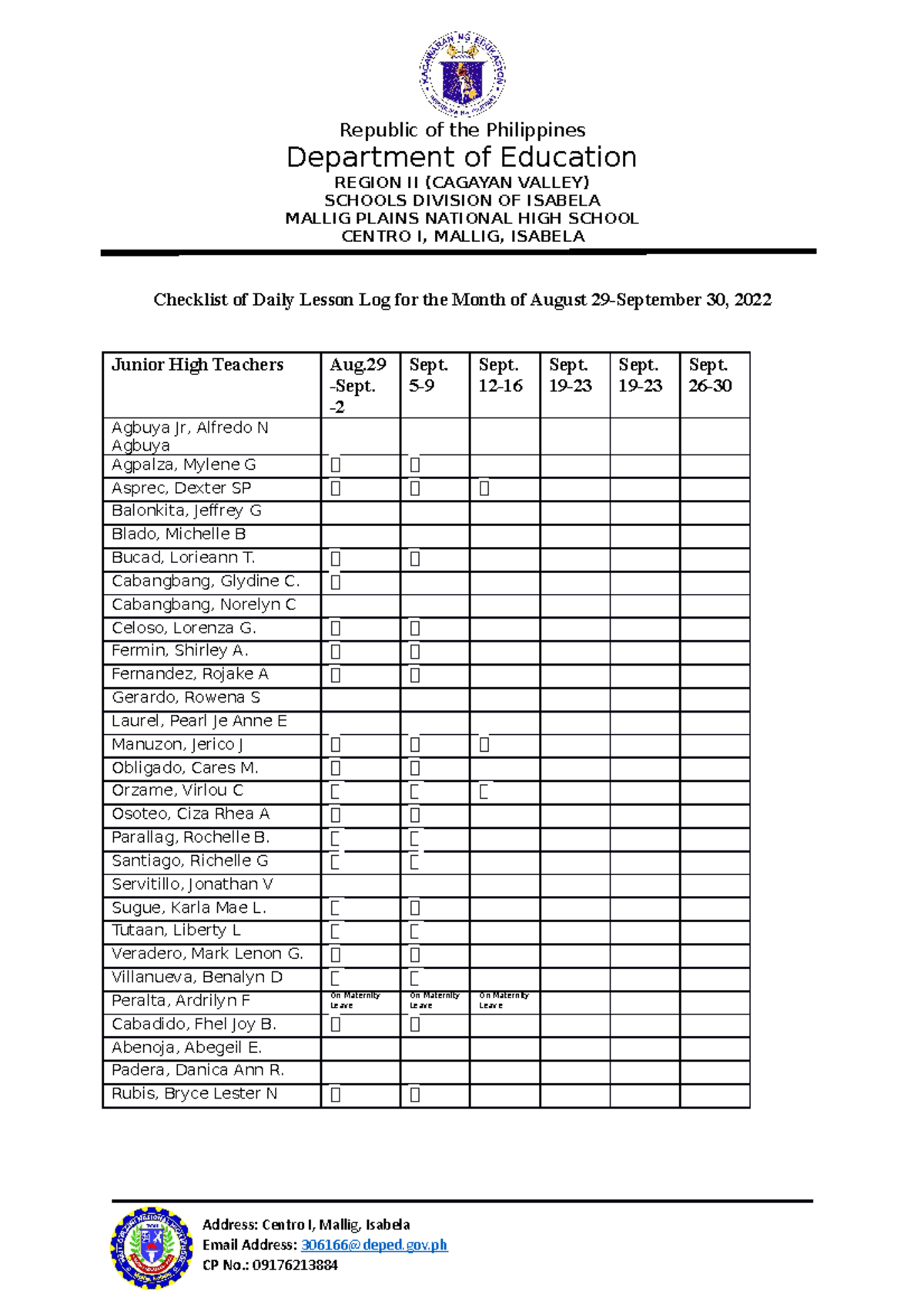 Checklist DLL - nice - Republic of the Philippines Department of ...
