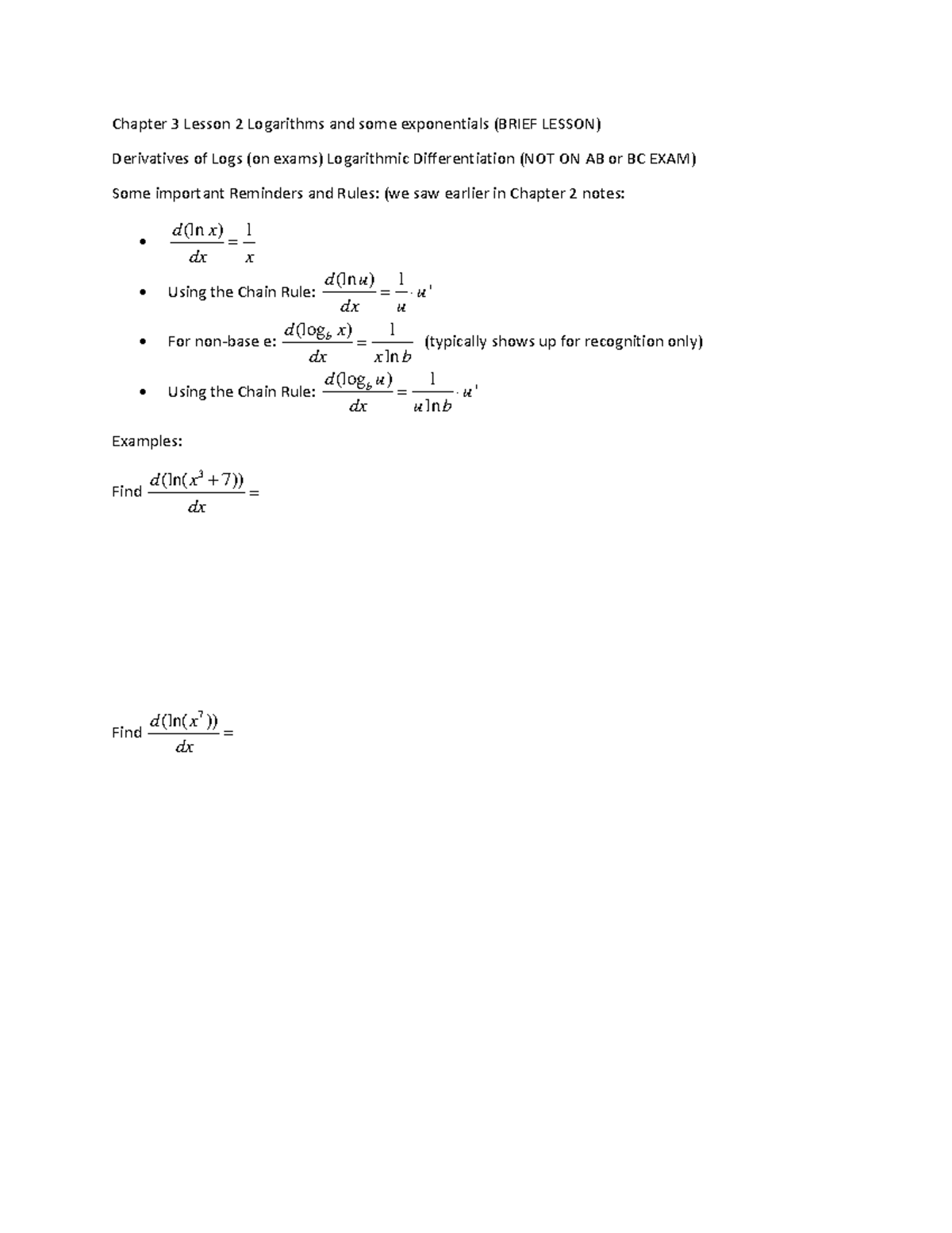 Chapter 3 Lesson 2 Logarithms and some exponentials - Chapter 3 Lesson ...