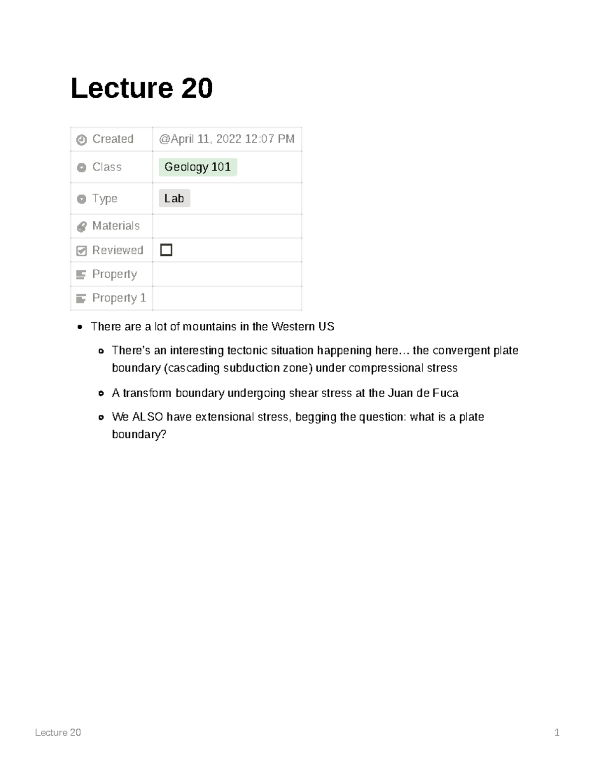 Lecture 20 - Lecture 20 Created Class Geology 101 Type Lab Materials Reviewed Property Property ...