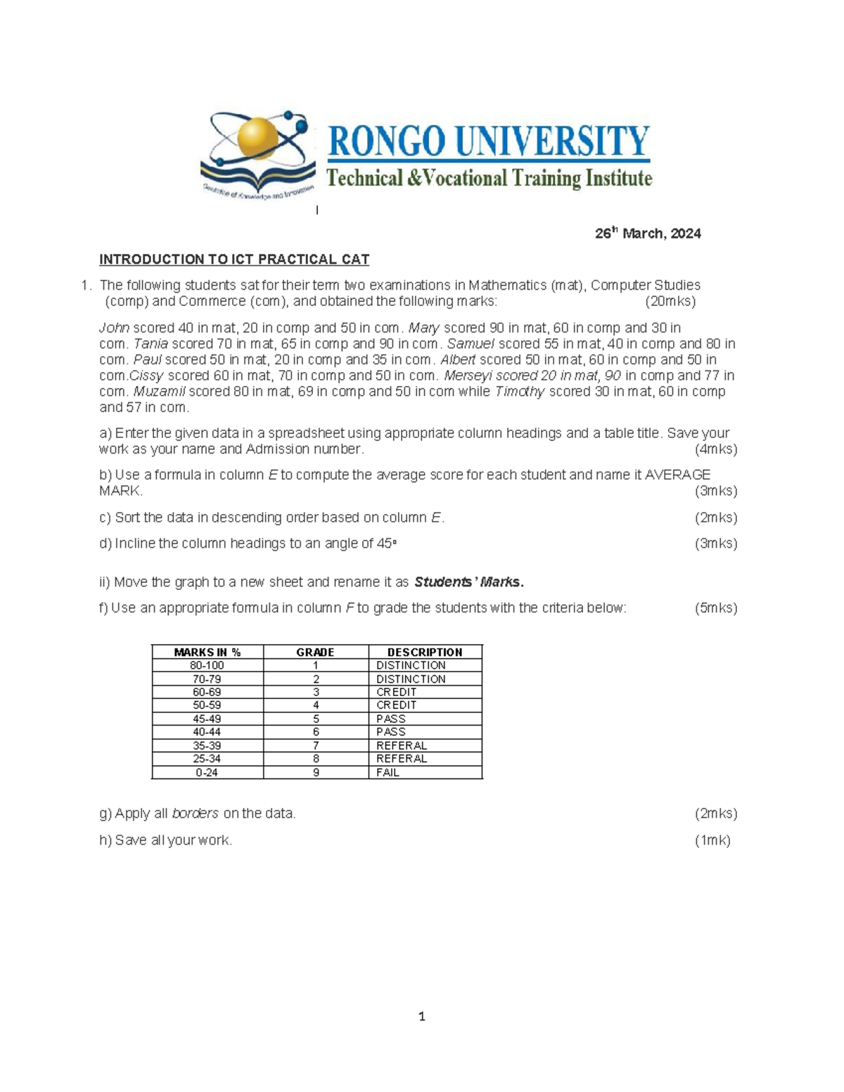 Introduction TO ICT CAT - 26 th March, 2024 INTRODUCTION TO ICT ...