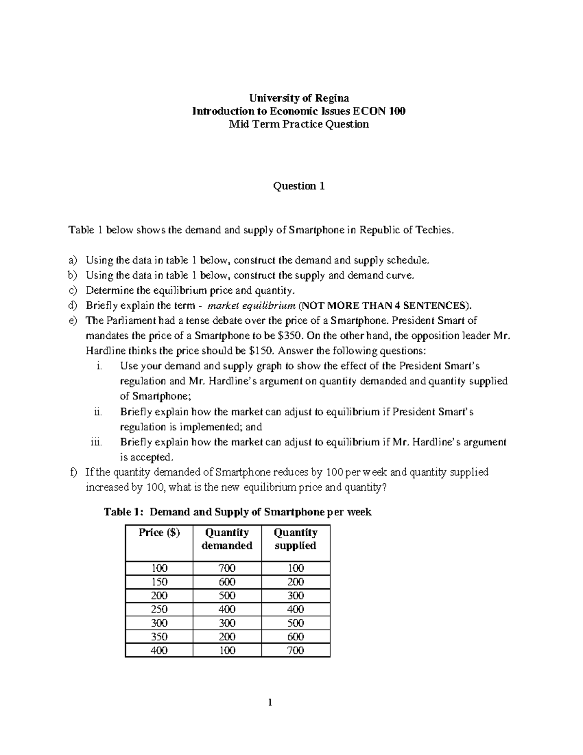 Midterm, questions - University of Regina Introduction to Economic ...