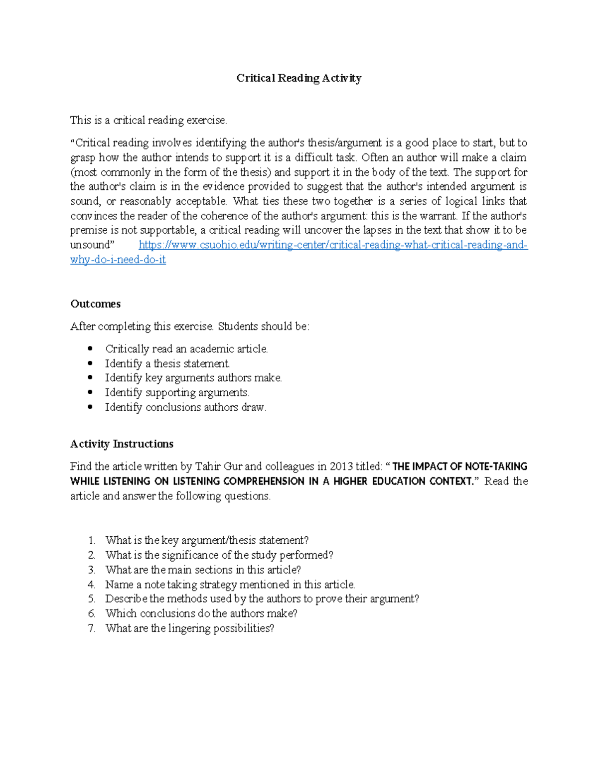 Critical Reading Activity 2024 - Critical Reading Activity This is a ...