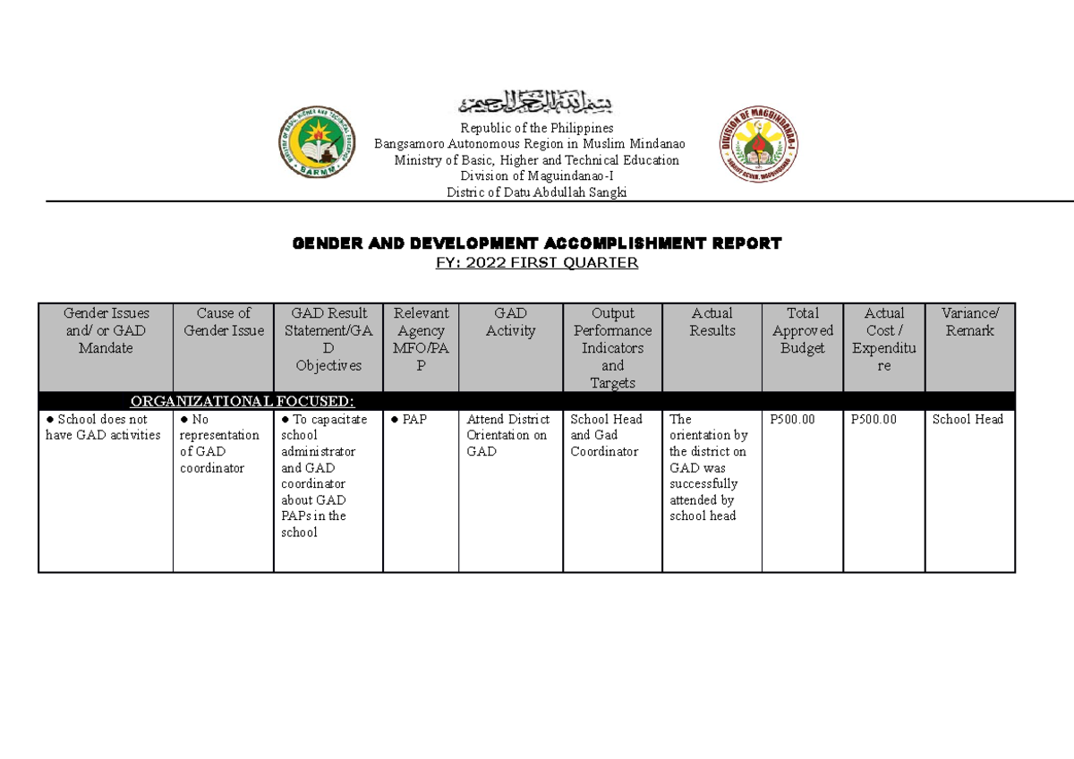 GAD ACC 1ST 2022 - School GAD Accomplishment - Republic of the ...