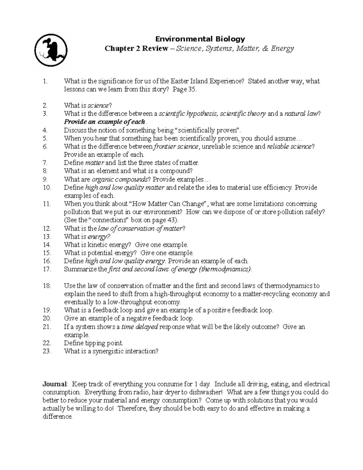 Review chapter 2 2012 - Homework - Environmental Biology Chapter 2 ...