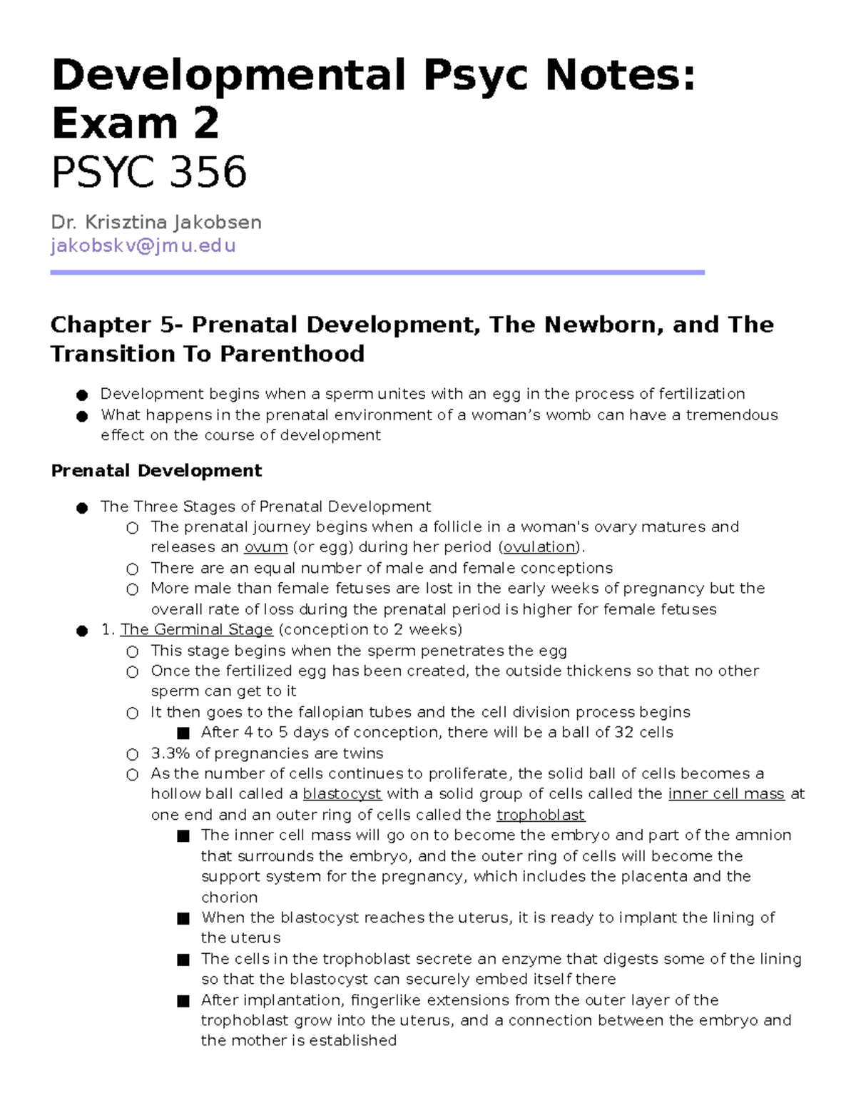 Developmental Psychology Exam 2 Notes: Prenatal Development - Studocu