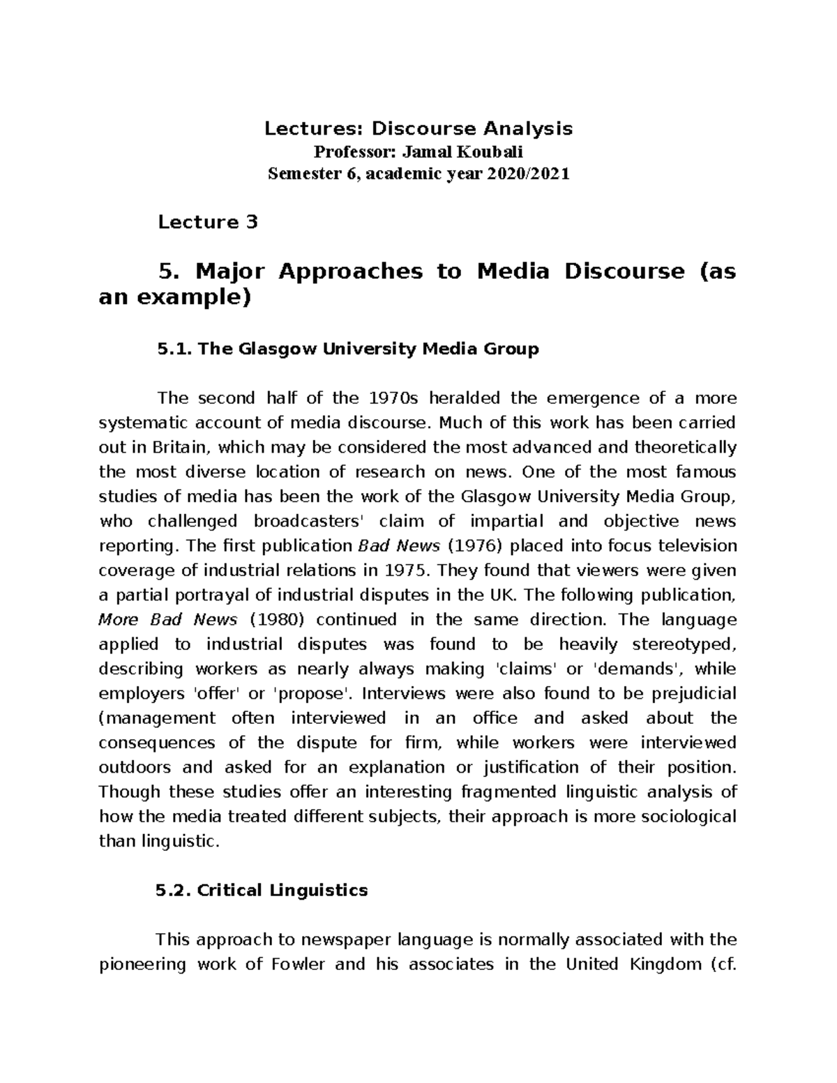 3-M33 S6P2, Discourse Analysis, Lecture 3, Pr. Koubali - Lectures: Discourse Analysis Professor ...