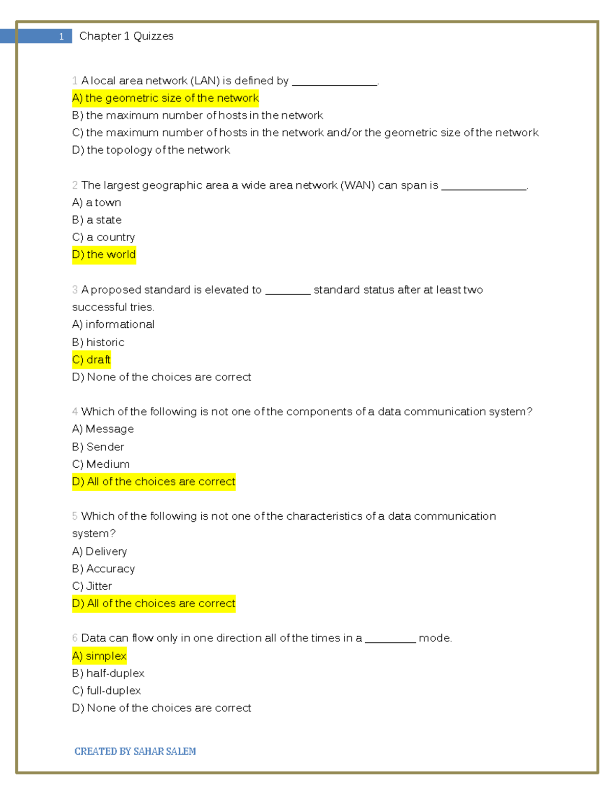Chapter 01 Quizzes - CREATED BY SAHAR SALEM ϭ Chapter 1 Quizzes 1 A ...