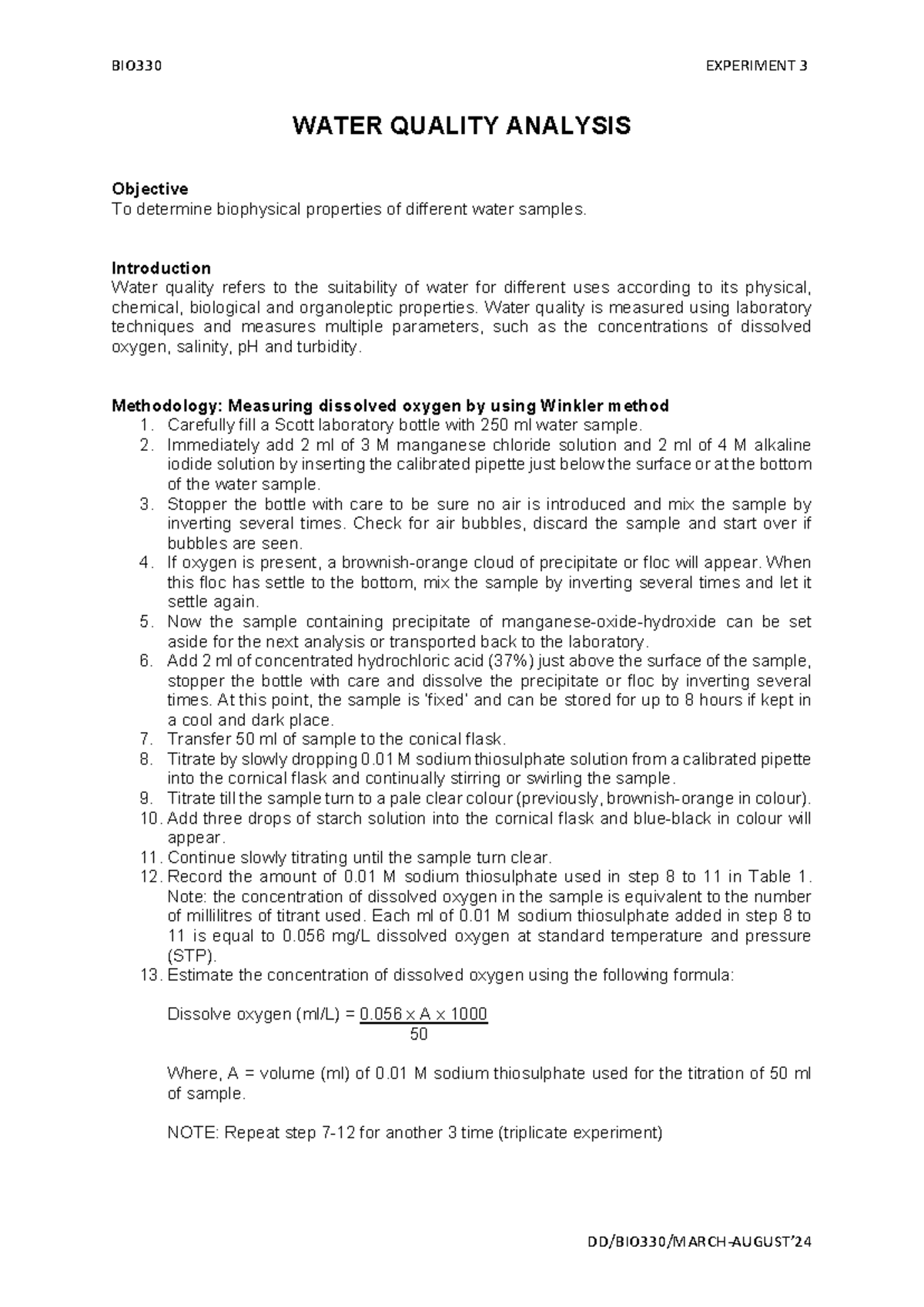 EXP 3 Water Quality Analysis - WATER QUALITY ANALYSIS Objective To ...