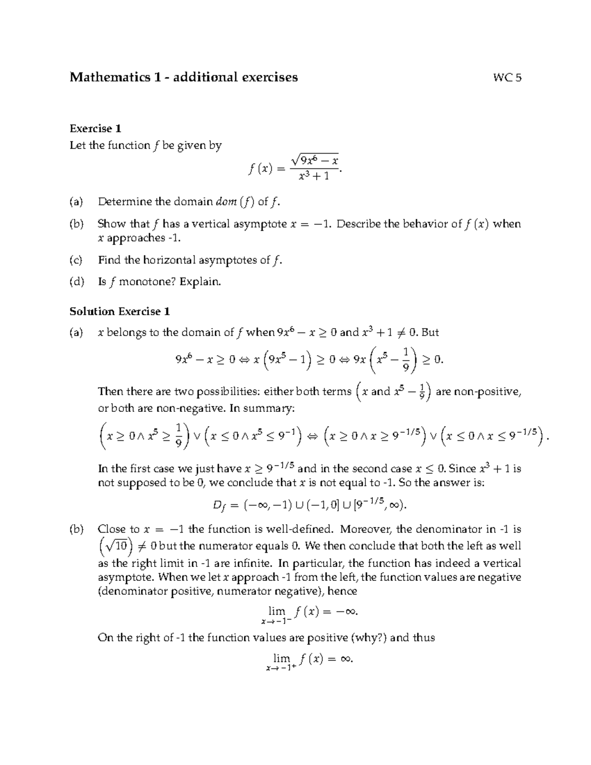 WC 5 exercises solutions - Mathematics 1 - additional exercises WC 5 Exercise 1 Let the function ...