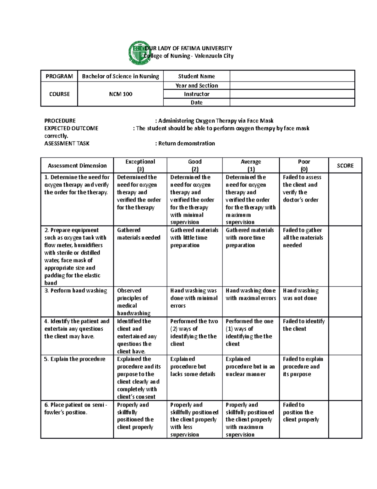 Administering Oxygen Therapy via Face Mask - ASESSMENT TASK : Return ...