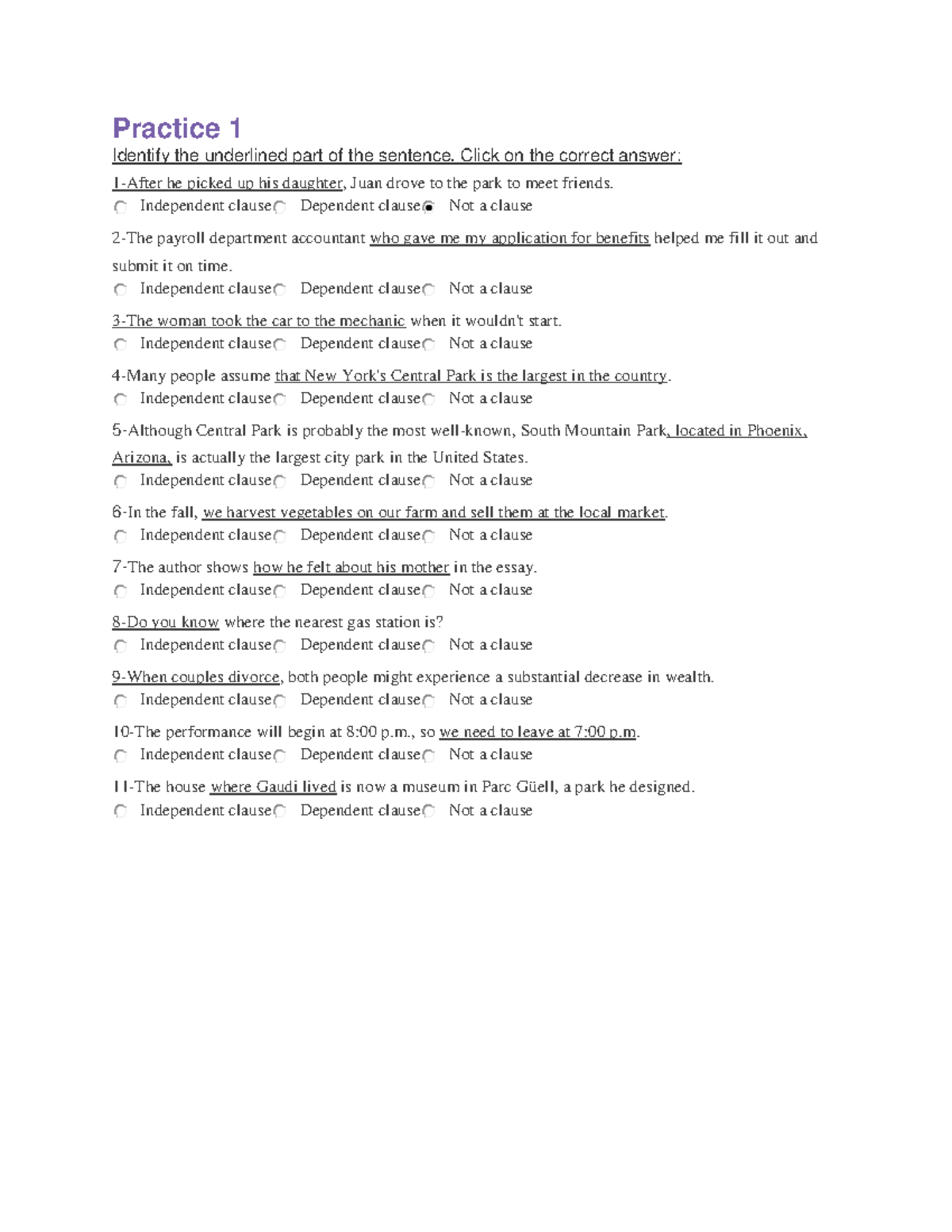 Complex Sentence Practice - Practice 1 Identify the underlined part of ...
