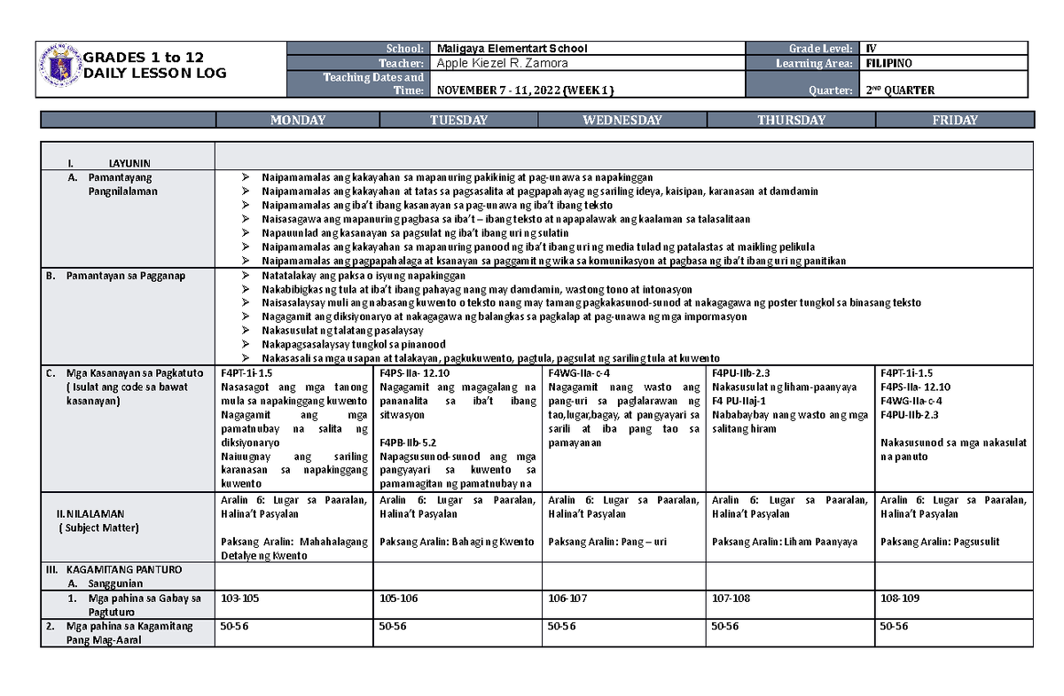 DLL Filipino 4 Q2 W1 - GRADES 1 to 12 DAILY LESSON LOG School: Maligaya ...