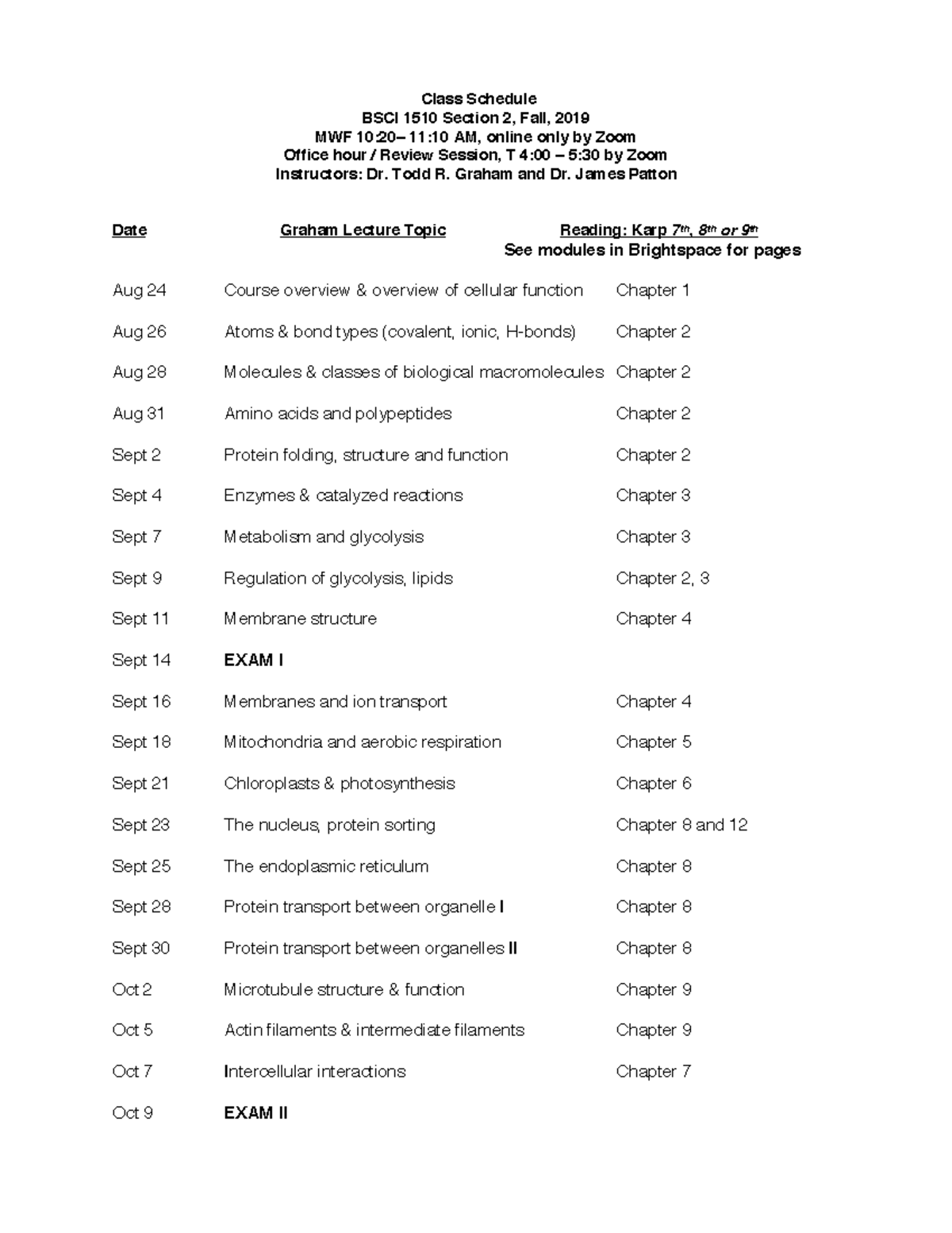 1510 Syllabus 2020 - Class Schedule BSCI 15 10 Section 2, Fall, 201 9 ...
