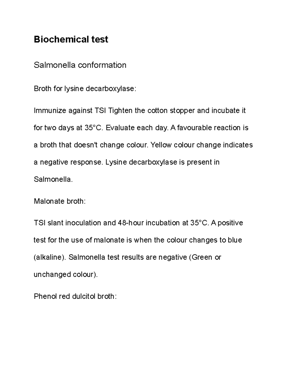 Biochemical test - Notes - Biochemical test Salmonella conformation ...