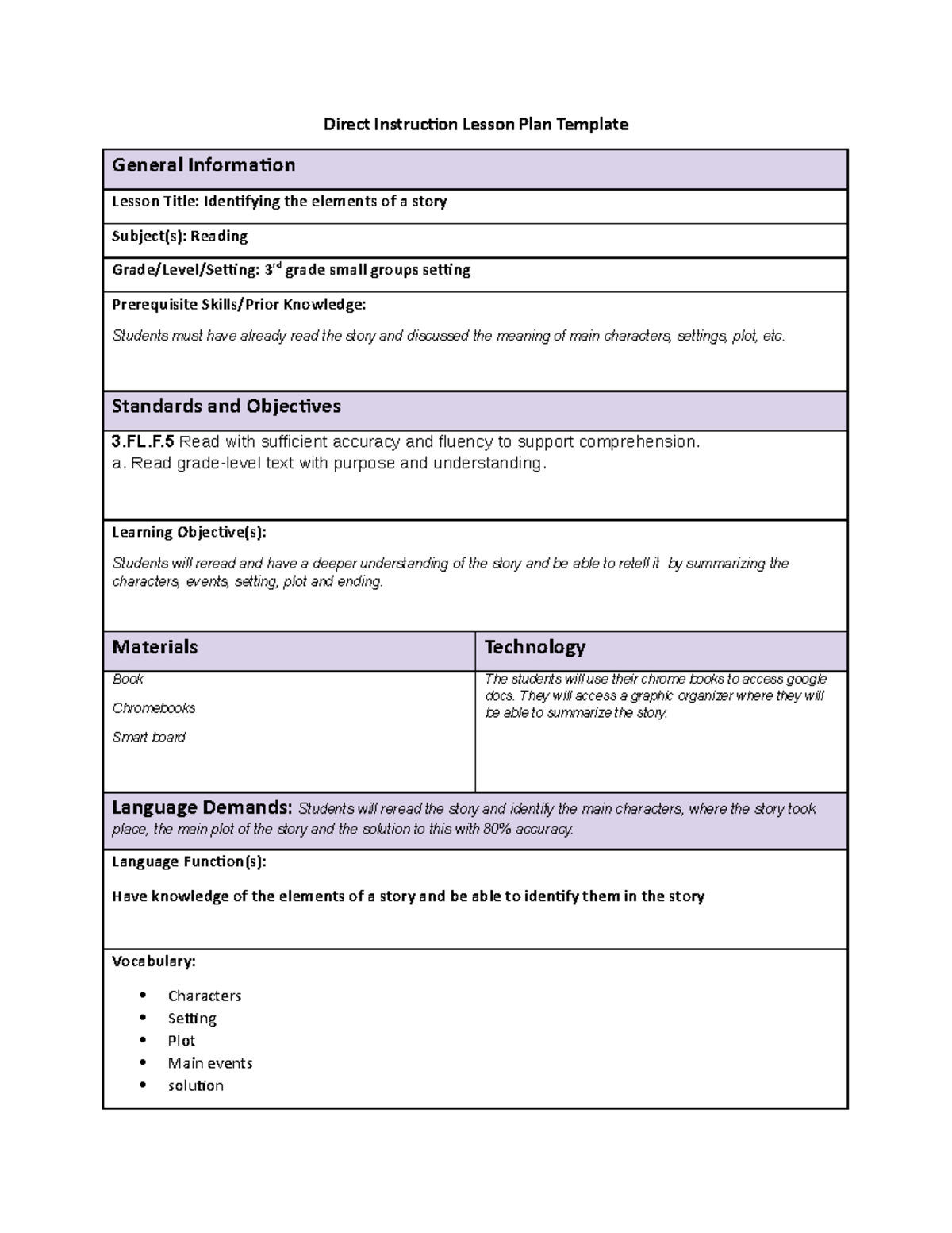 ELA reading lesson plan C909 - Direct Instruction Lesson Plan Template ...