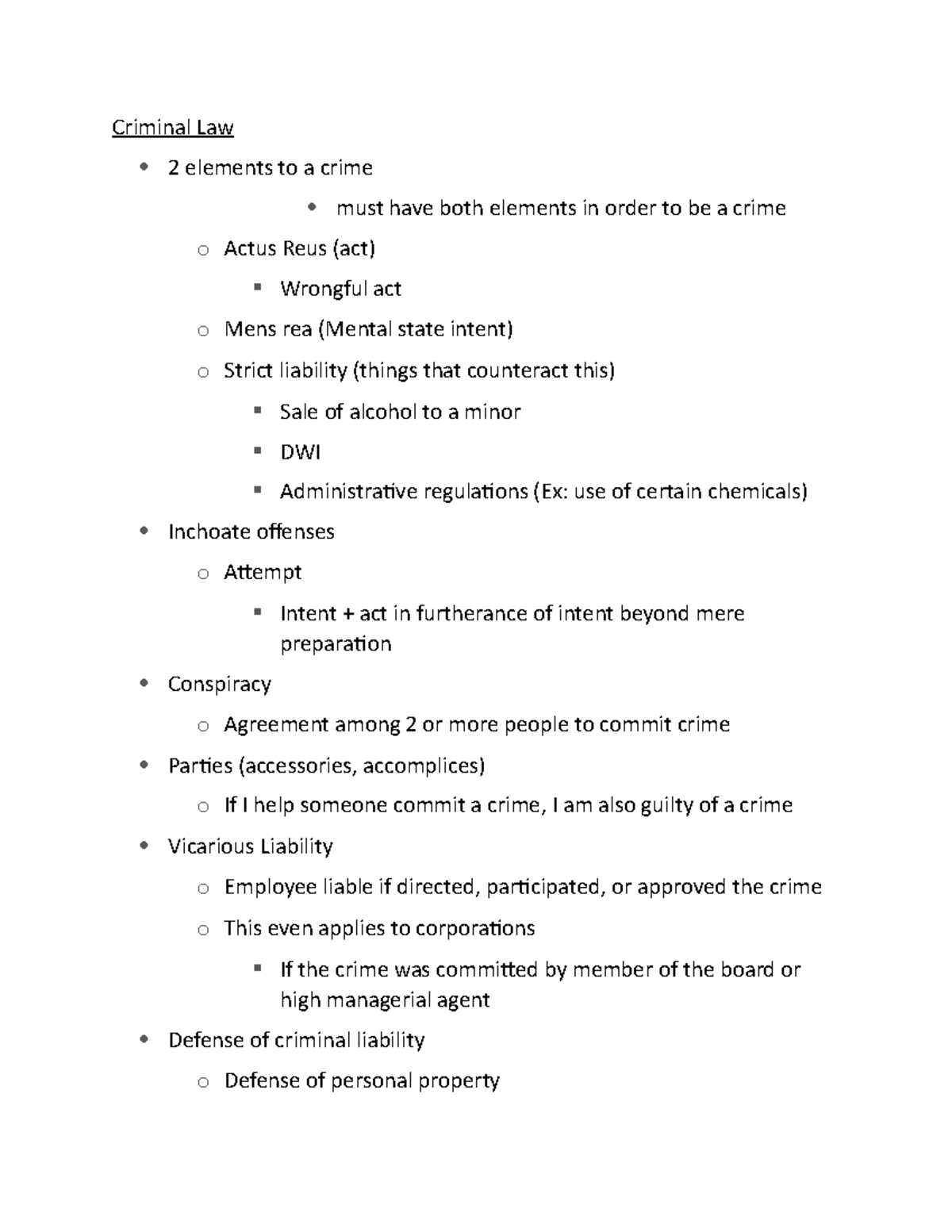 Criminal Law Notes - Criminal Law 2 elements to a crime must have both ...