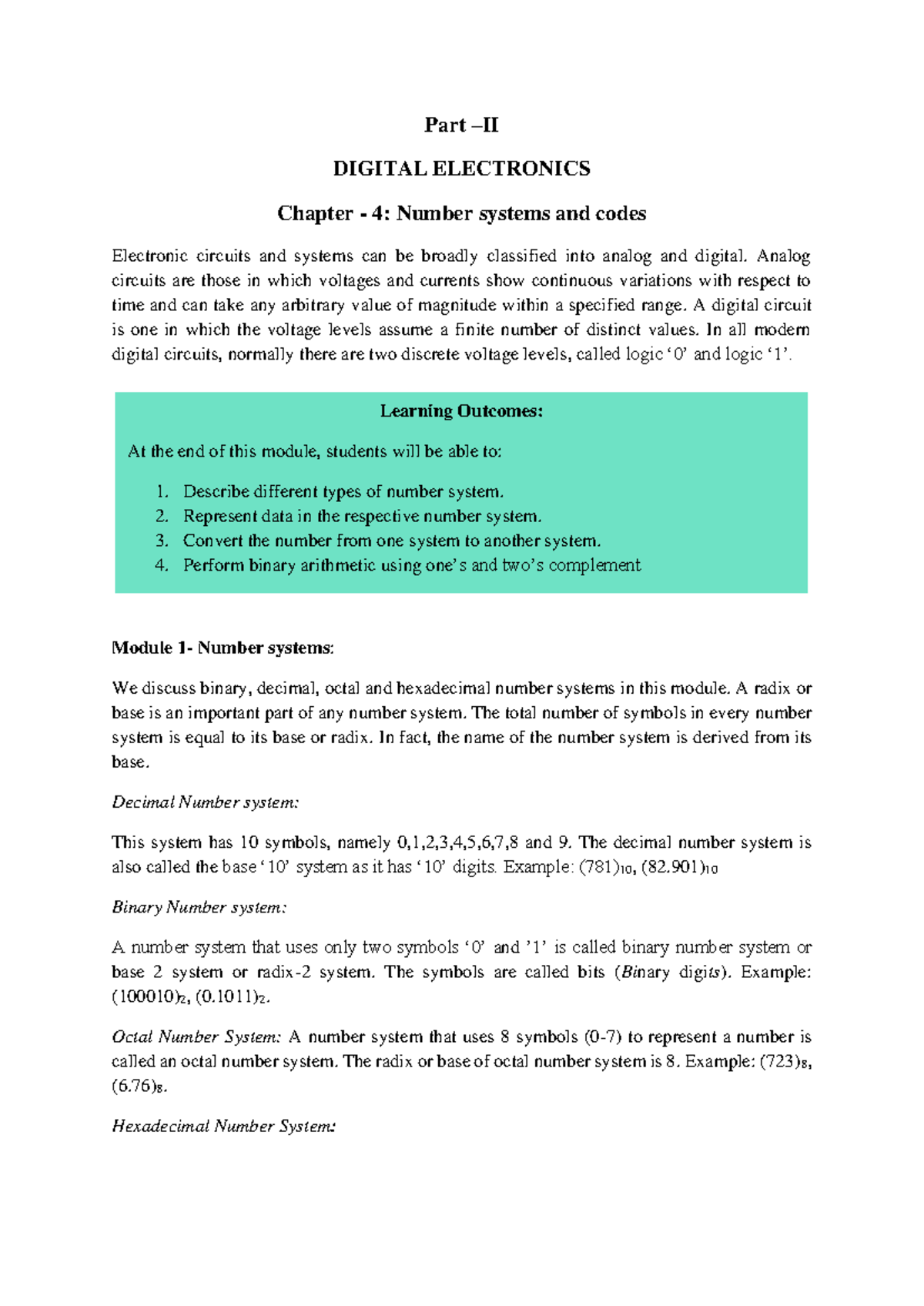 Digital Electronics - use it well - Part – II DIGITAL ELECTRONICS Chapter - 4 : Number systems ...