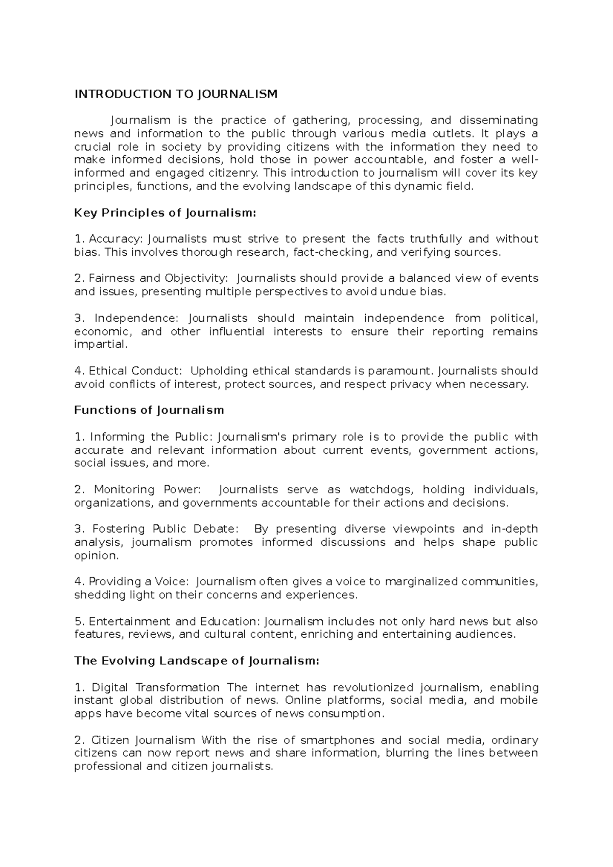 Campus Journalism Module - INTRODUCTION TO JOURNALISM Journalism is the ...