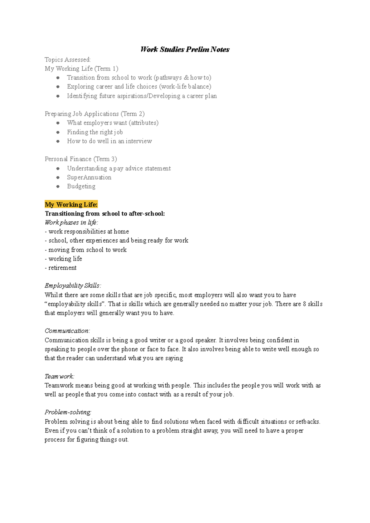 Work Studies Prelim notes - Work Studies Prelim Notes Topics Assessed ...