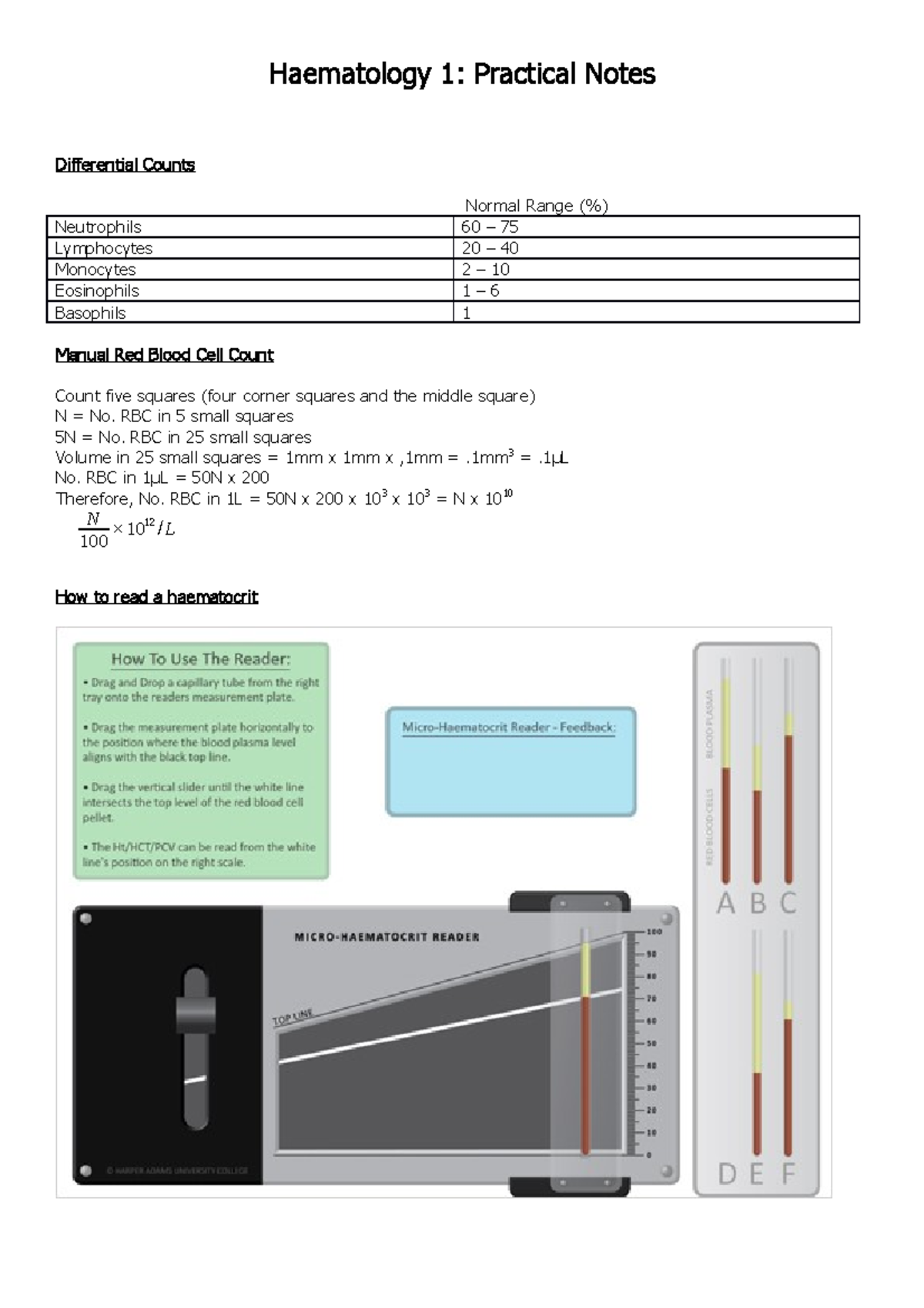 Practical - Summary of the major practical components - Haematology 1 ...