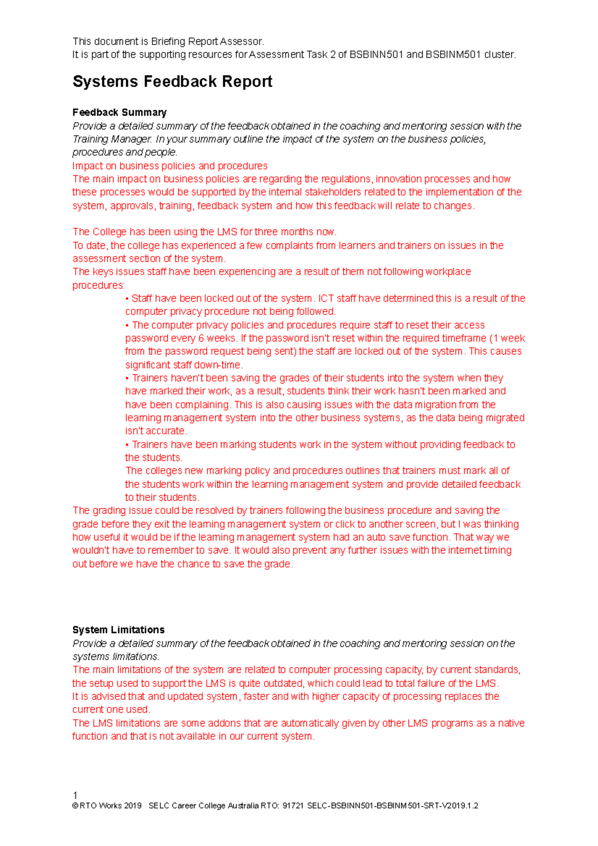 [Version Controlled] Systems Feedback Report Template SELC- Bsbinn 501 ...