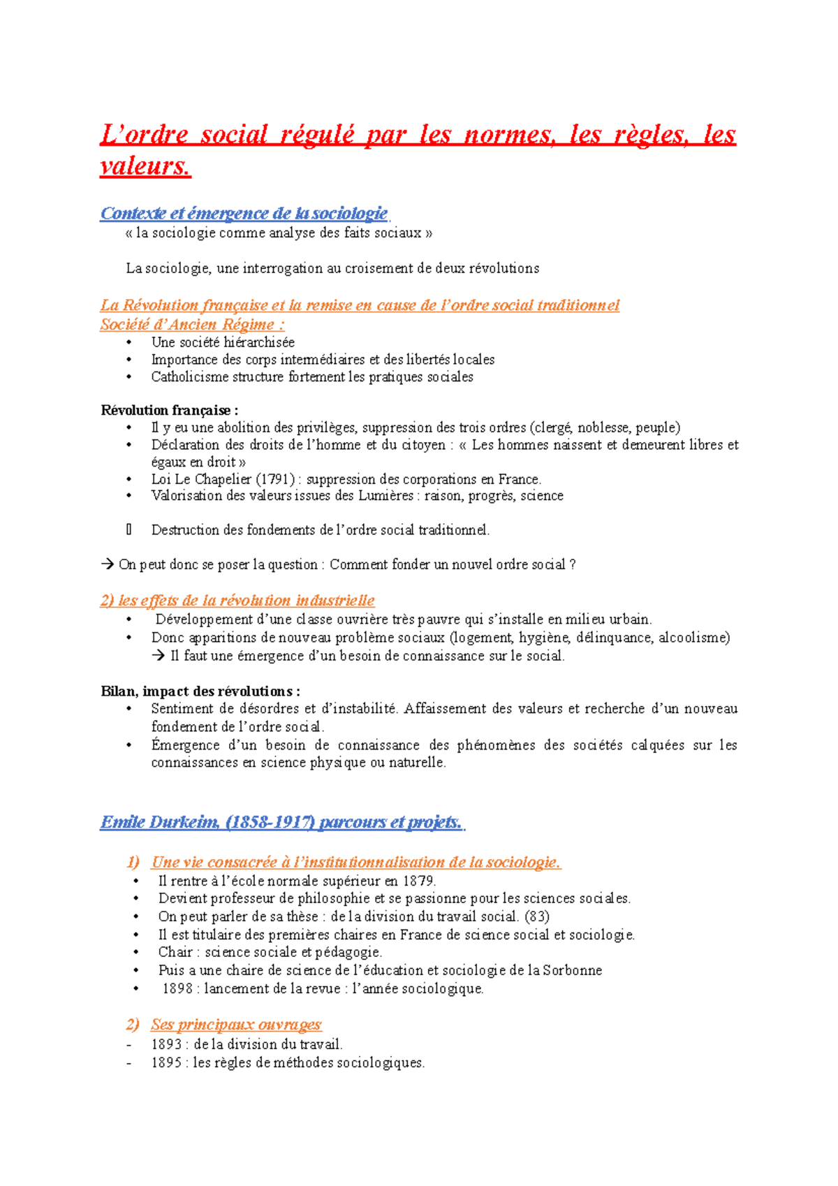 Socio - Notes de cours 1 - L’ordre social régulé par les normes, les ...